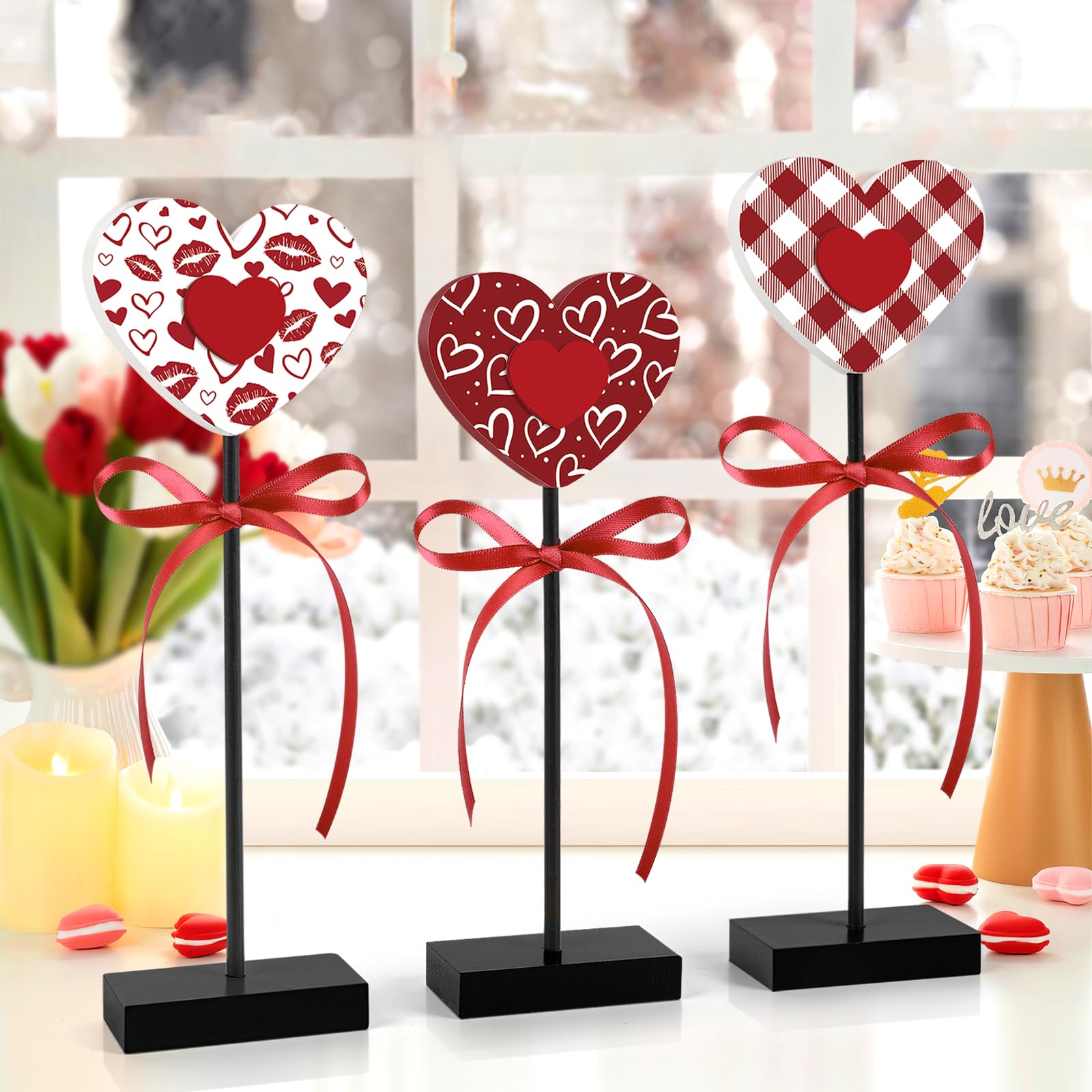 Amazon.com: 3 Pieces Valentine's Day Table Decorations Wooden Heart Set ...