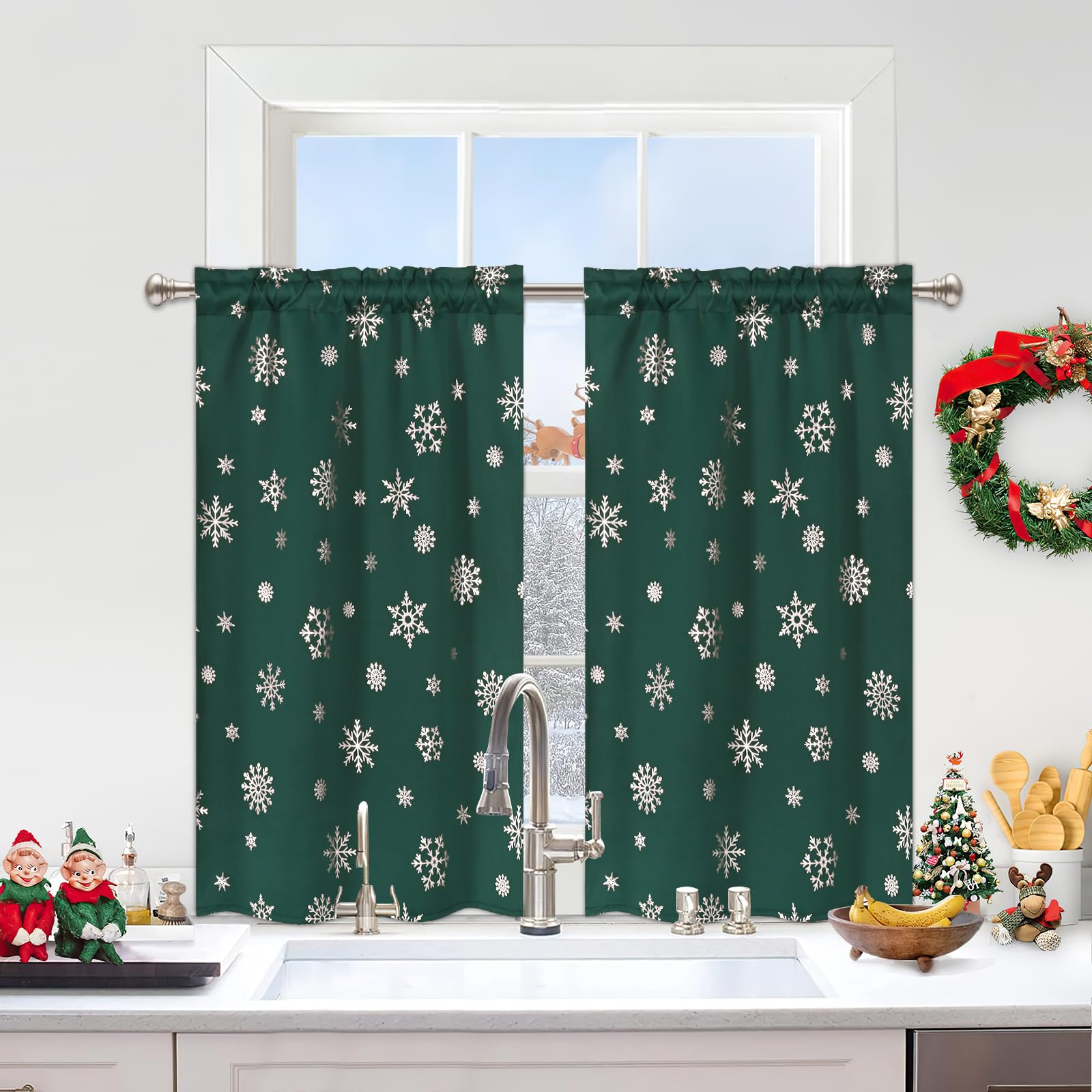 Amazon.com: FRAMICS Christmas Kitchen Curtains, Snowflake Foil Print ...