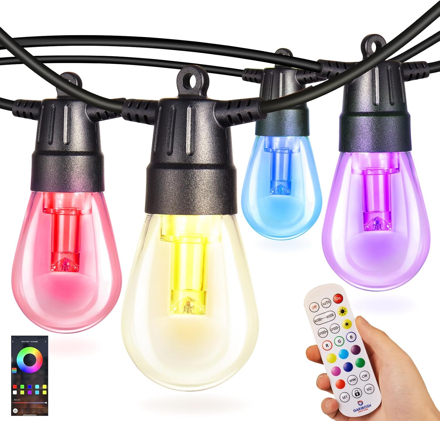 Garibosh Outdoor Strin Lights, String lights for outside 50FT Patio RGB ...