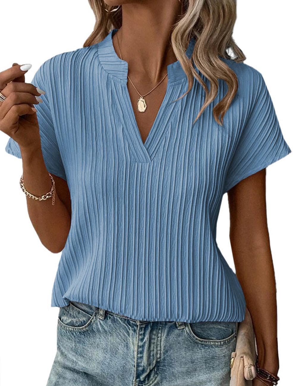 Rooscier Women's Textured Short Sleeve Blouse Tops Casual V Neck Shirts ...