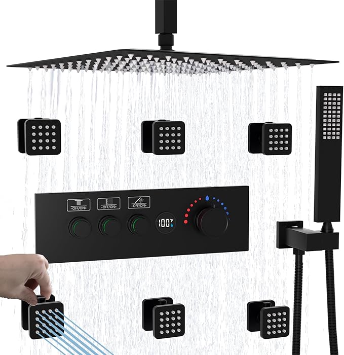 Temperature-Display Shower System with Body Jets, 16 Inch Rainfall ...
