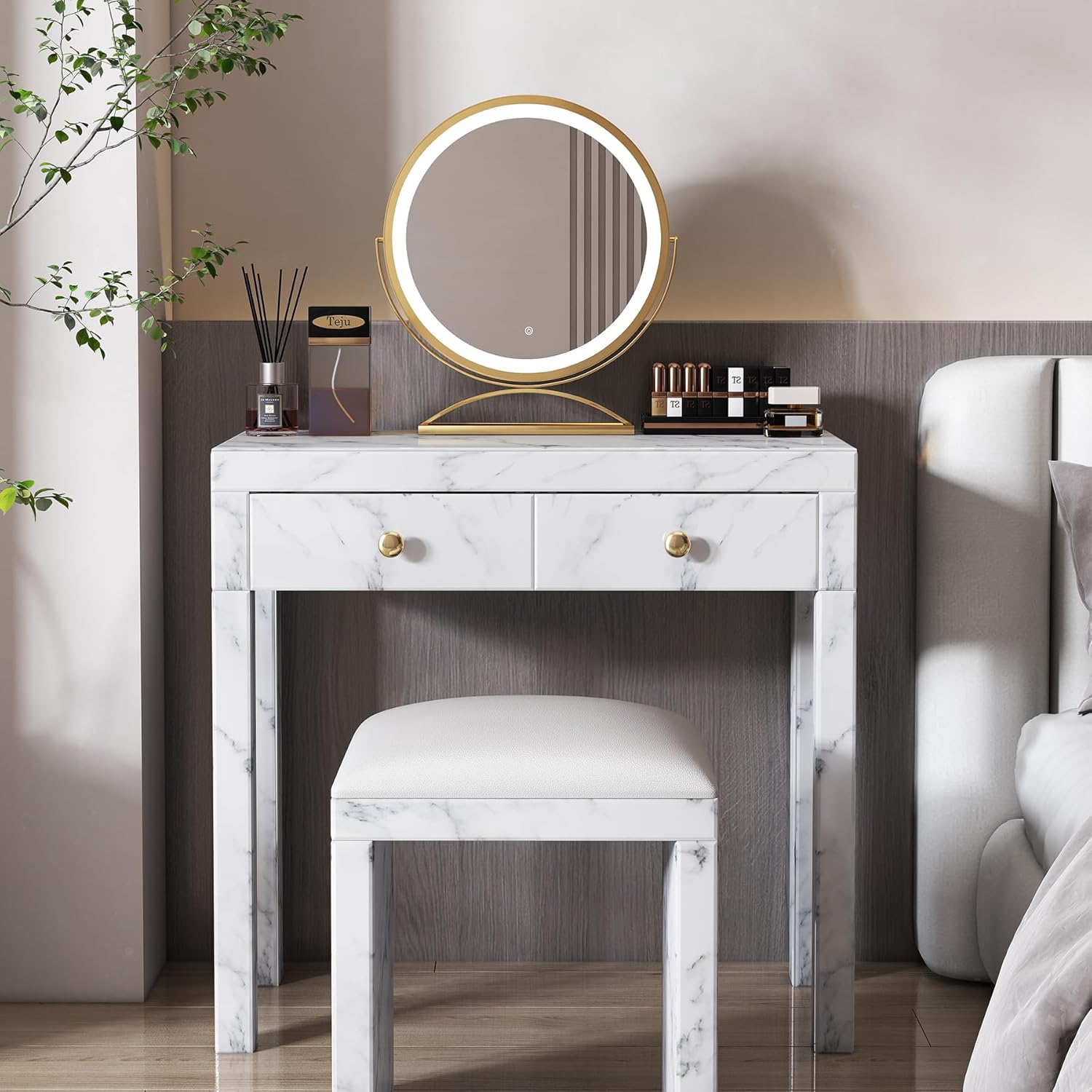 Amazon.com: intahic Vanity Desk without Mirror, Glass White Marble ...