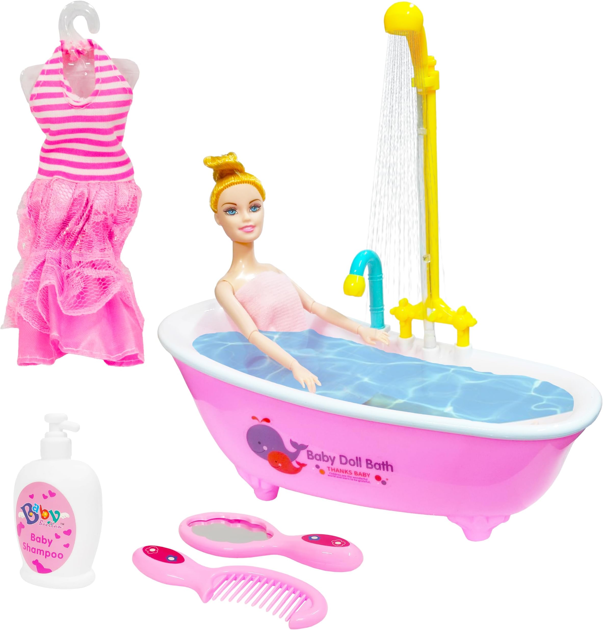 VGRASSP Baby Doll Bath Toy Set for Kids Real Bathtub with Working ...