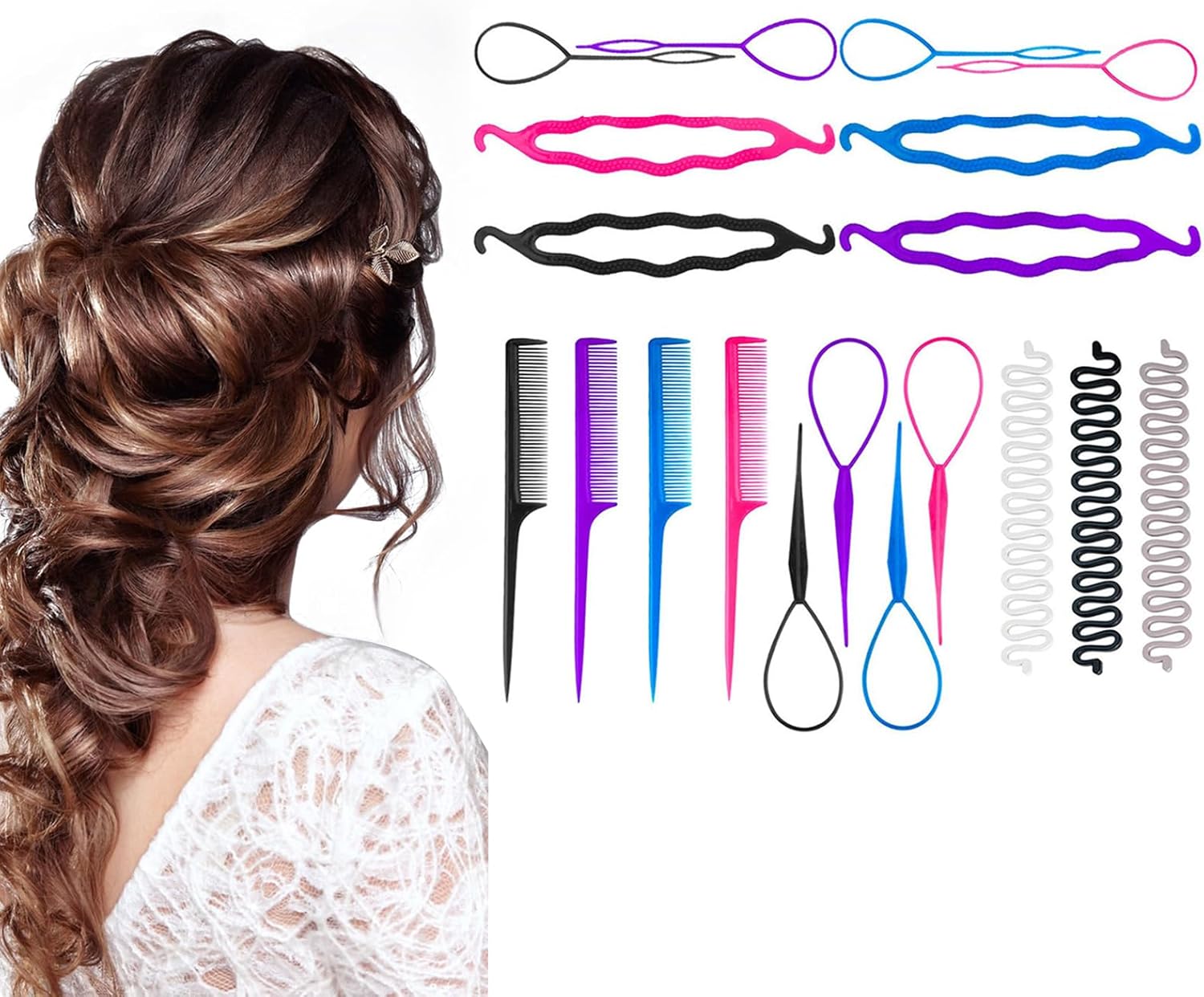 Hair Braiding Tool Rat Tail Hair Comb Topsy Tail Hair Loop Tool 19Pcs ...