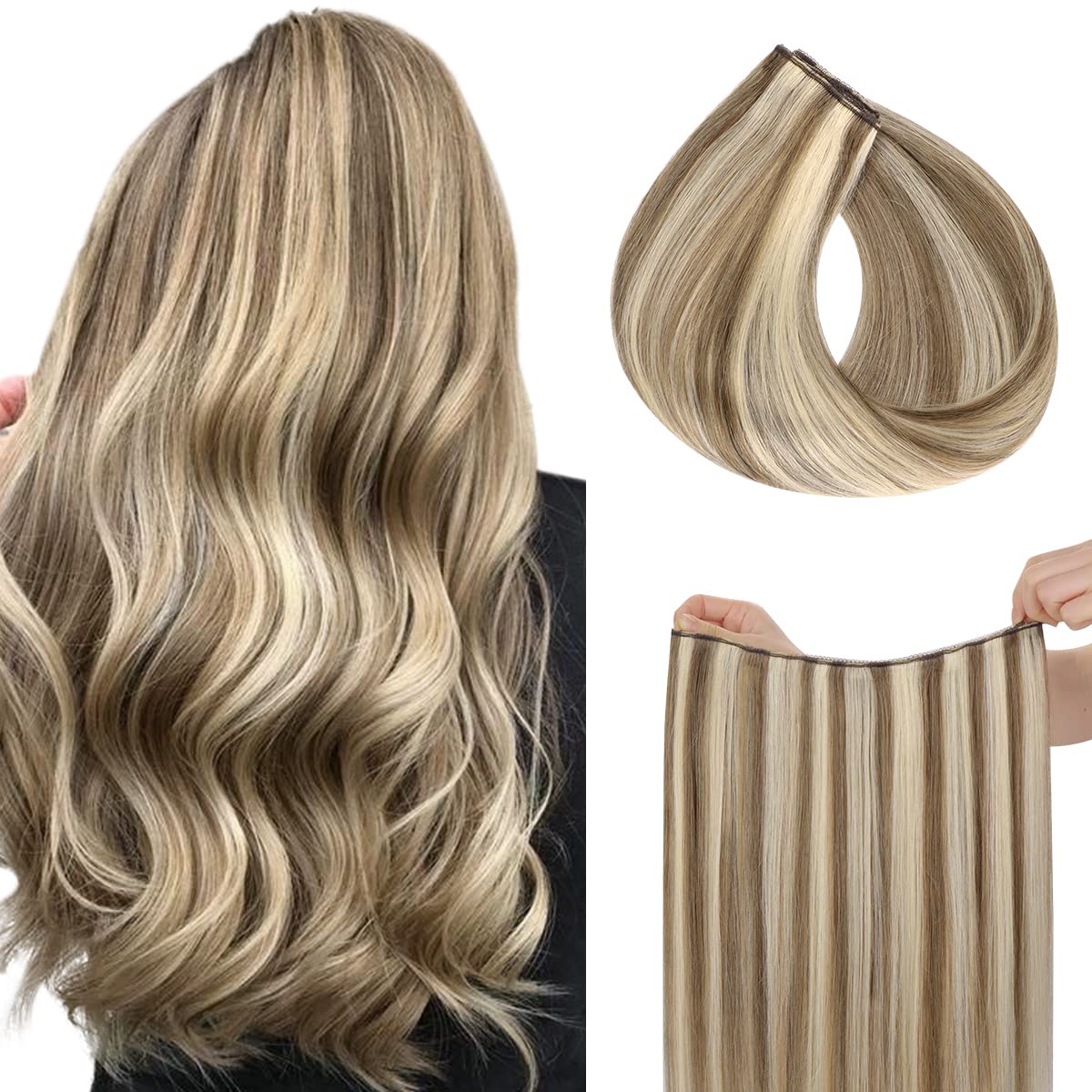 Amazon.com : HOTBANANA Fish Line Real Human Hair Extensions, 14 inch ...