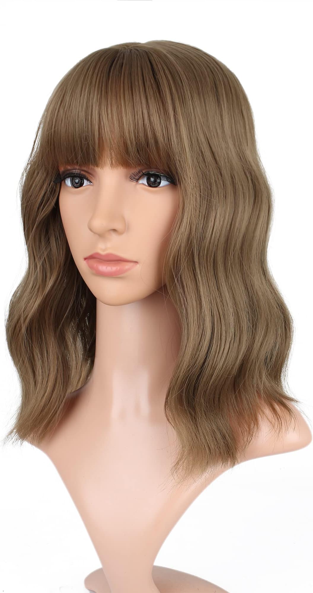 Amazon.com : VCKOVCKO Light Brown Curly Bob Wig With Air Bangs Natural ...