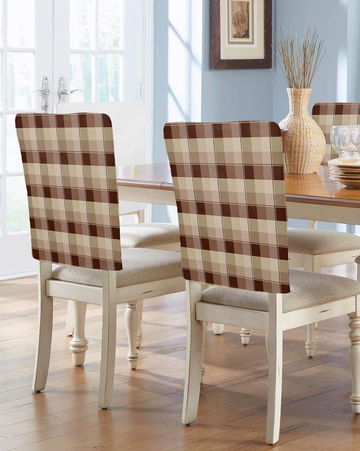 Amazon.com: Brown Plaid Chair Covers - 4 Pcs Dining Room Chair Back ...