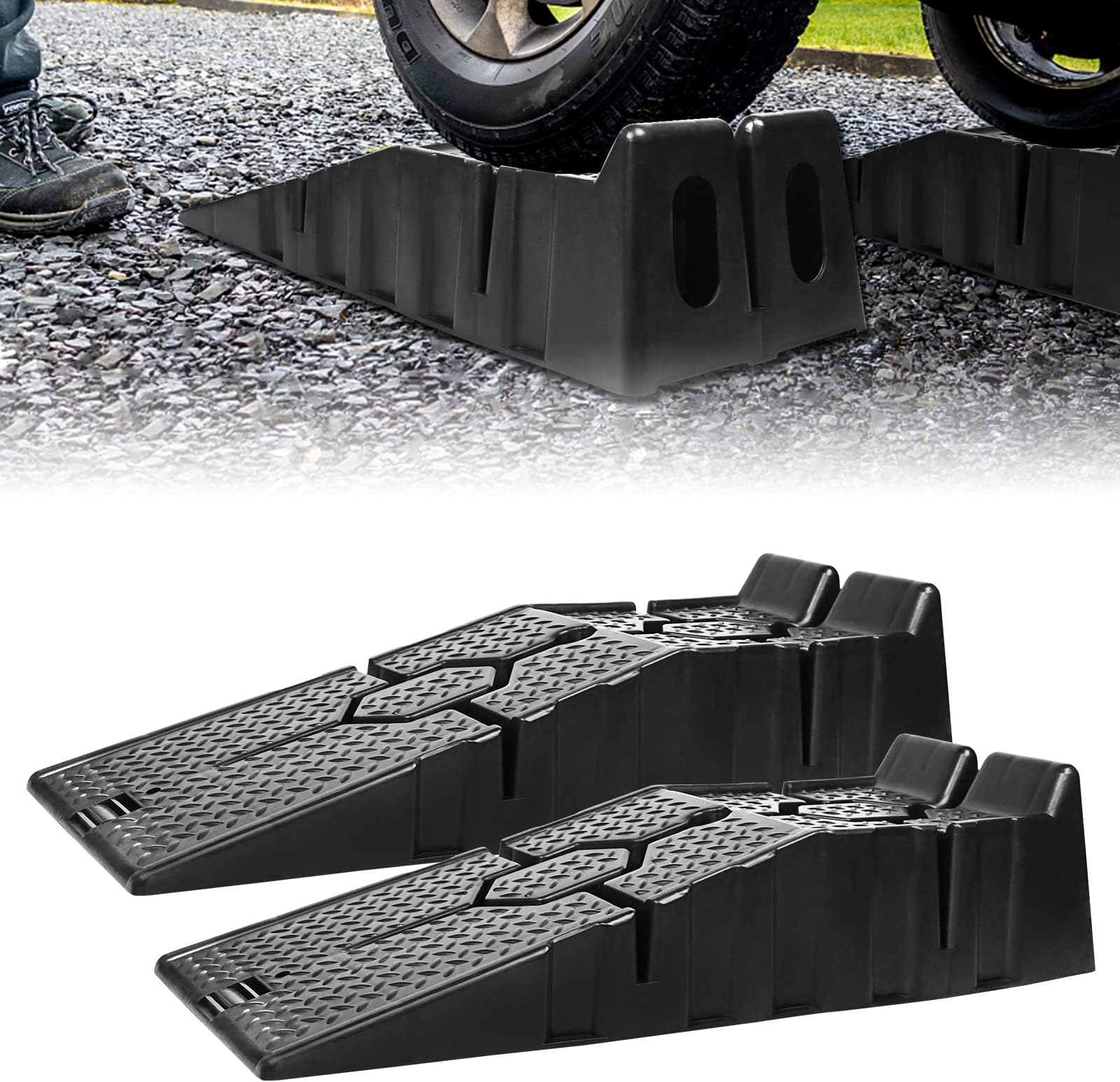 Aufun Pack of 2 Car Ramps Heavy Duty Black, Plastic Vehicles Ramp up to ...