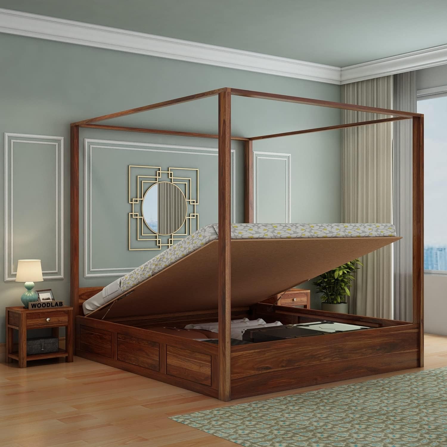 WOODLAB Sheesham Wood Queen Size Poster Bed with Hydraulic Storage ...