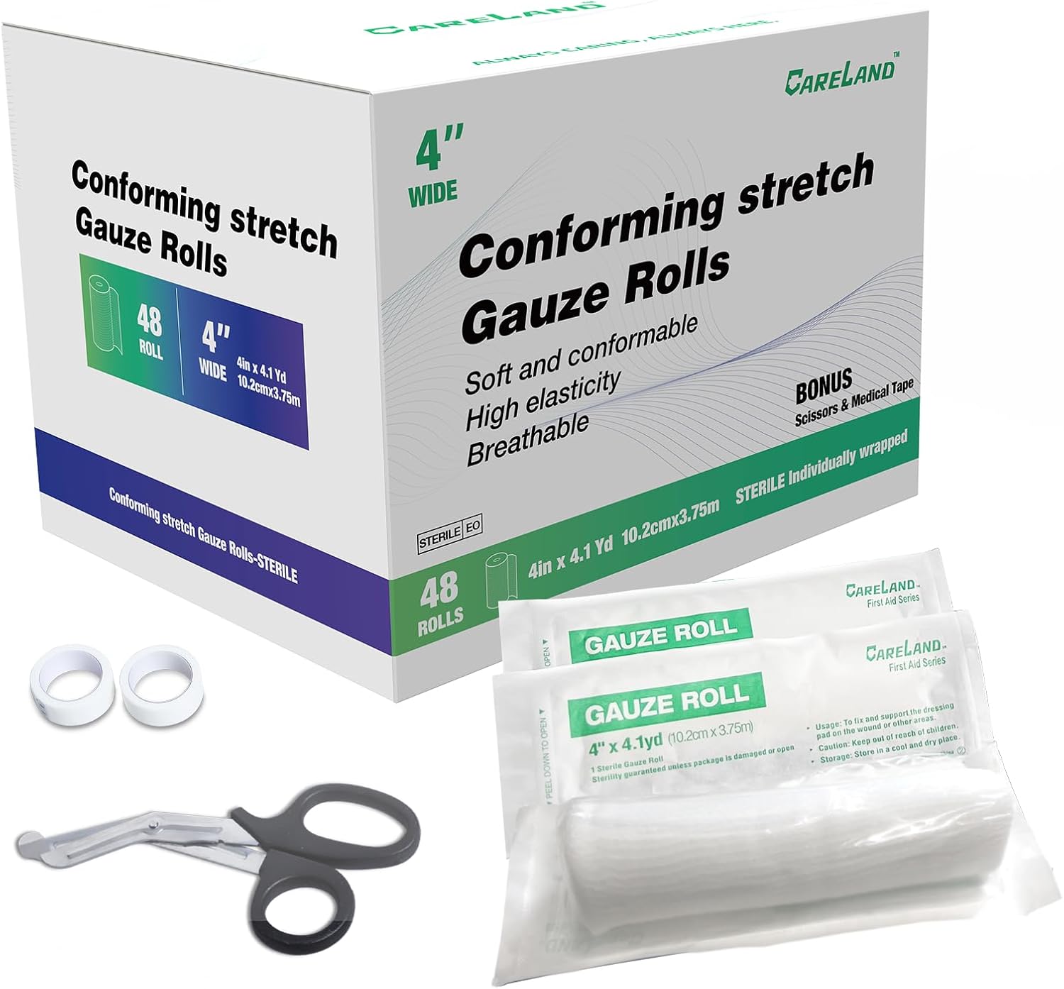 Amazon.com: Careland Sterile Gauze Rolls -48 Rolls 4inches X 4.1yd ...