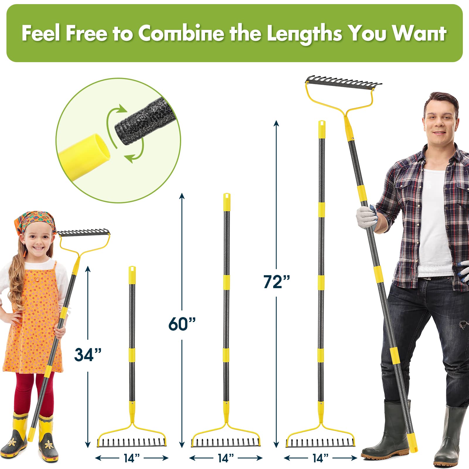 Snapklik.com : Garden Rake,14 Tines Heavy Duty Bow Rake For Lawns,73 ...