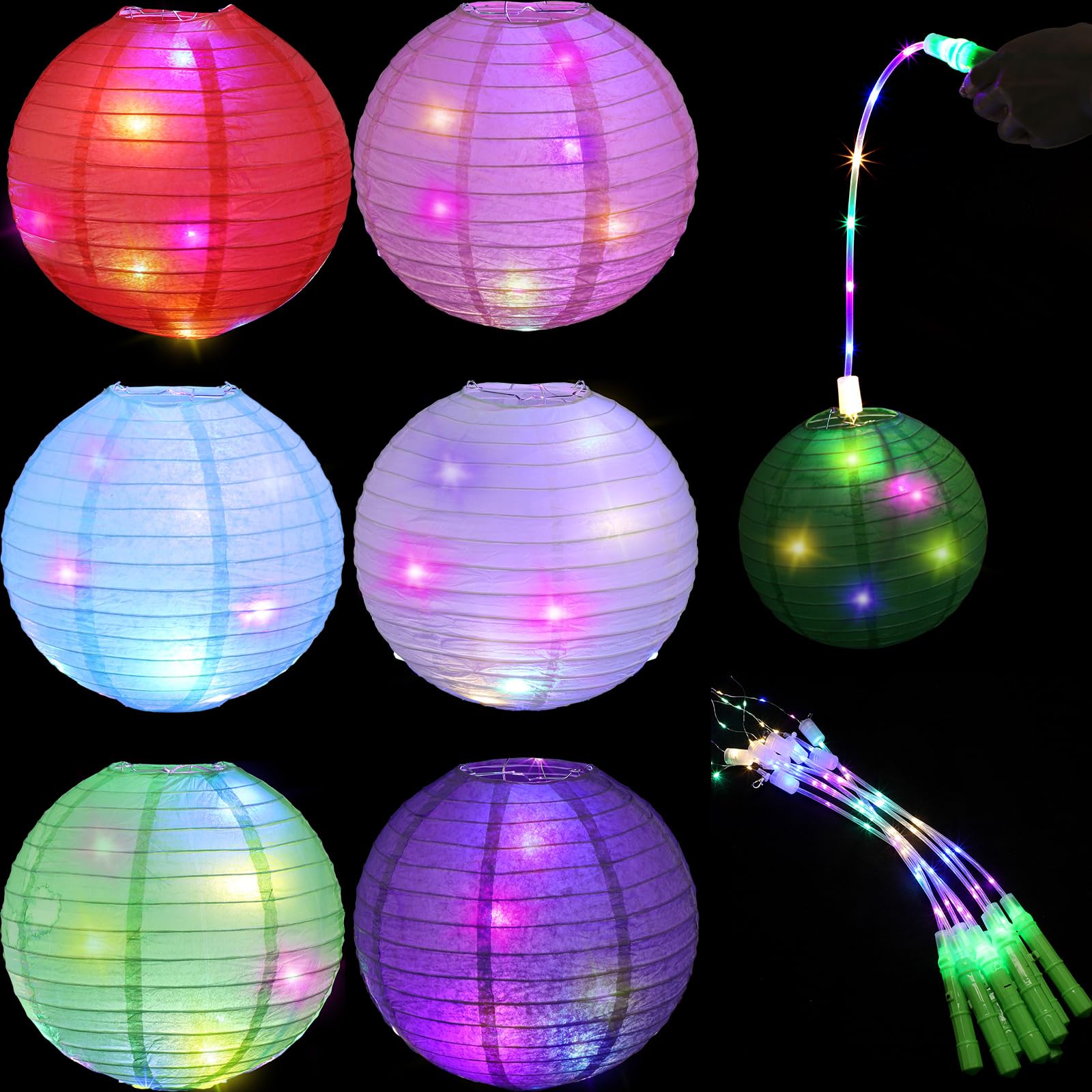 6 Pcs 8 Inch Chinese Paper Lanterns with 6 LED Lantern Holder Round ...