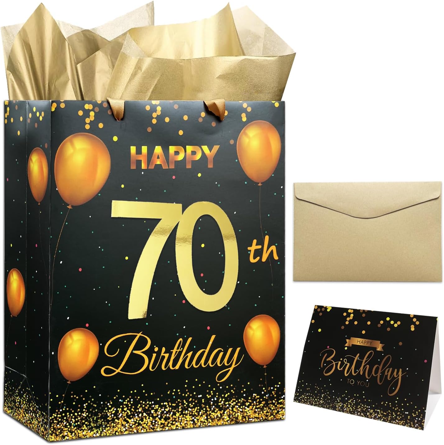 Amazon.com: icanstand Black Gold 70th Birthday Gift Bag with Greeting ...