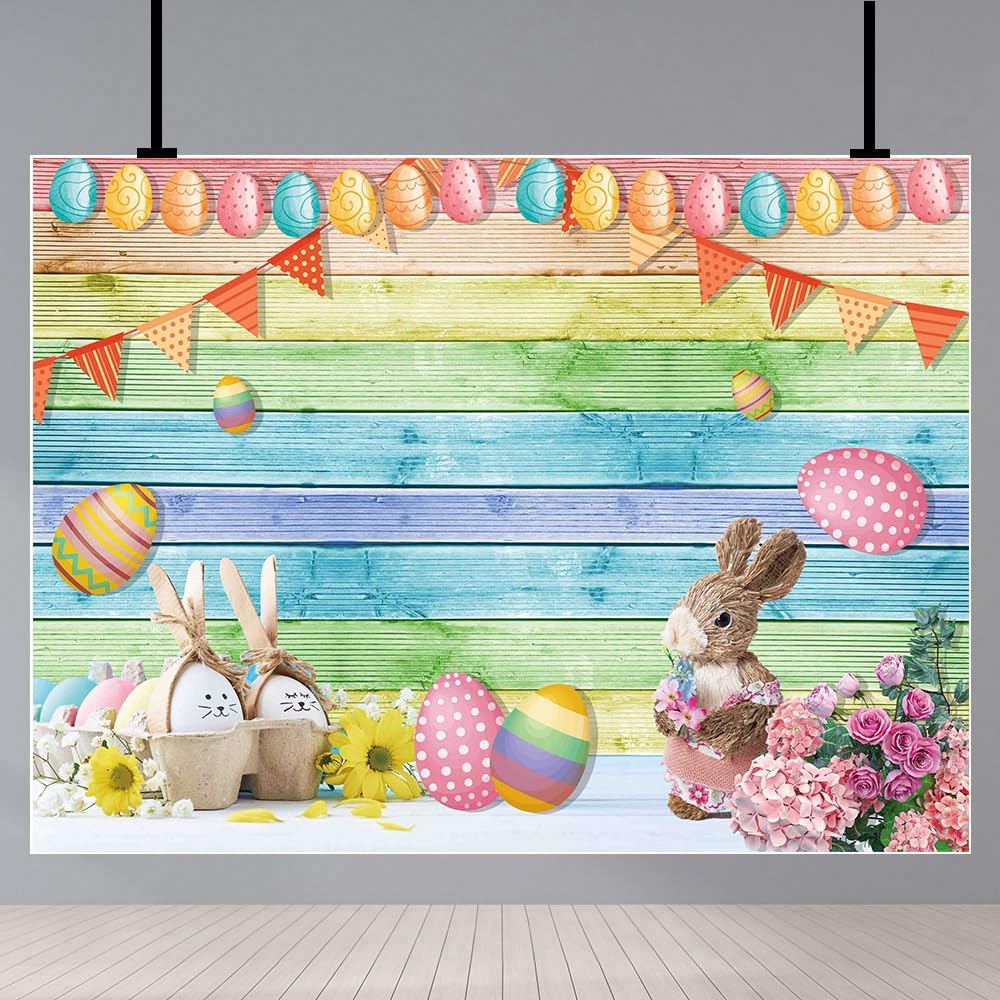 Amazon.com : Happy Easter Backdrops Rabbits Colorful Eggs Rustic Wooden ...