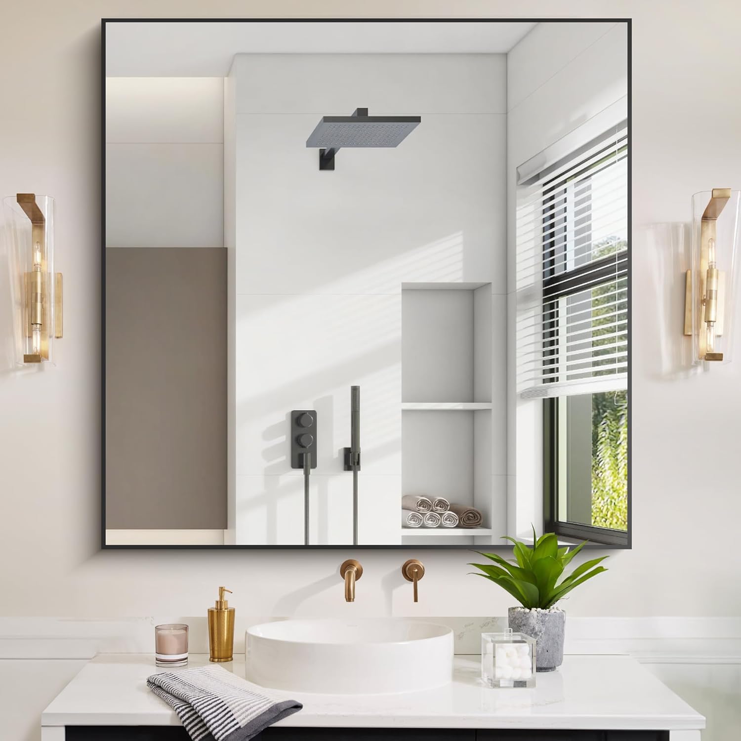 Amazon.com: COFENY Black Bathroom Mirror for Wall, 42x42 Inch Wall ...