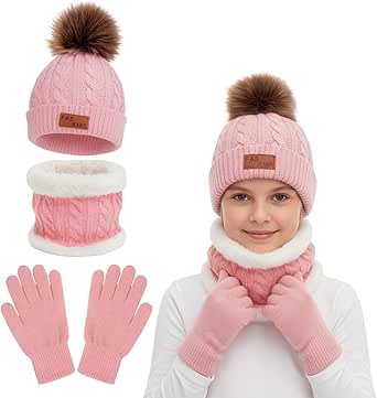Amazon.com: 3-Piece Girls Hat and Gloves Set, Winter Hat 、Gloves and ...