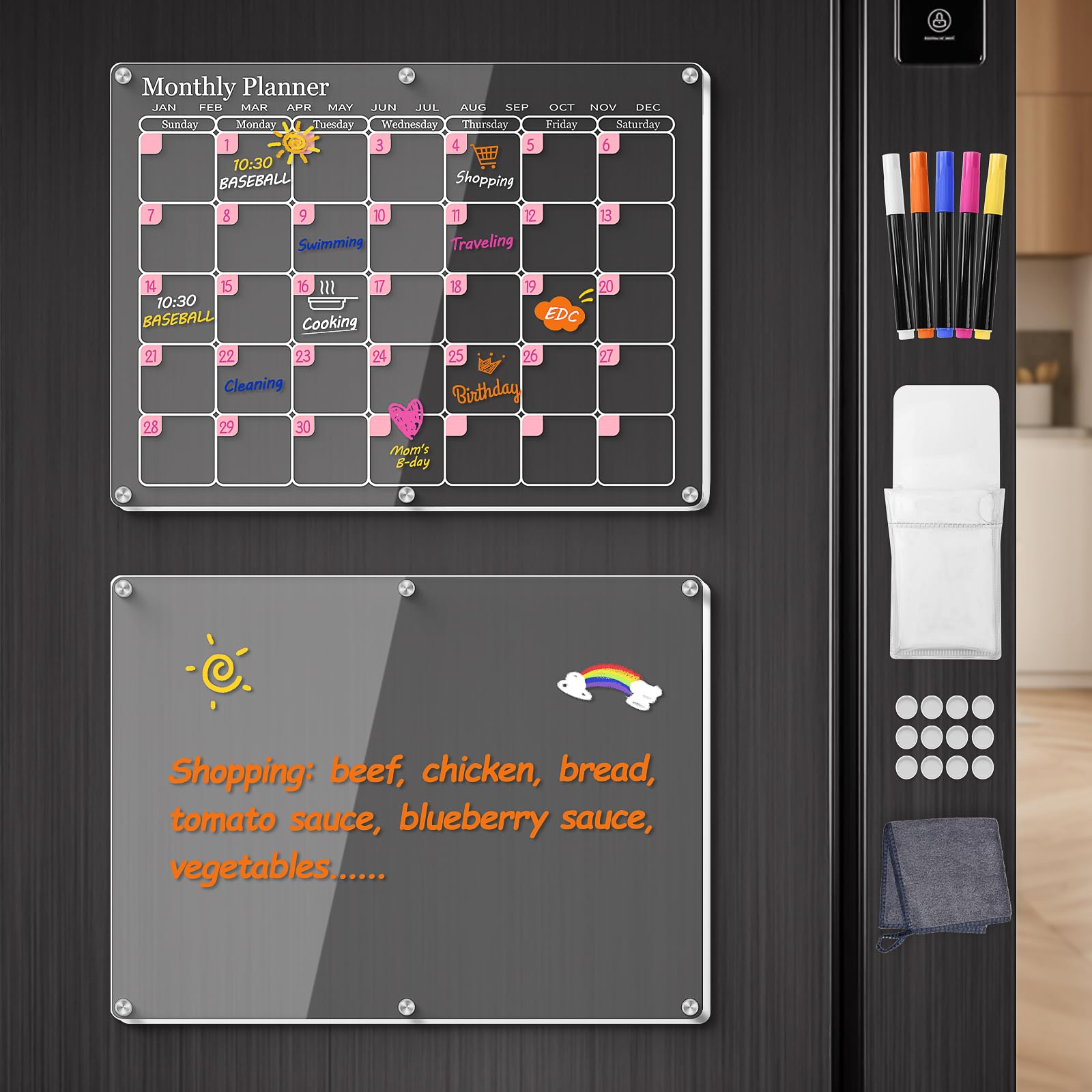 WONDAY Fridge Calendar Magnetic Acrylic Clear Board 2 Pack Planner ...