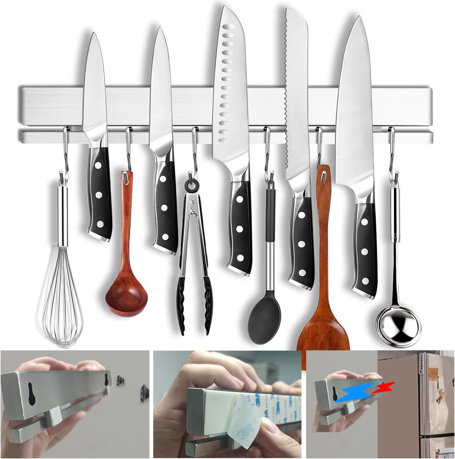 Amazon.com: 18 Inch Stainless Steel Knife & Utensil Holder With 7 Hooks ...