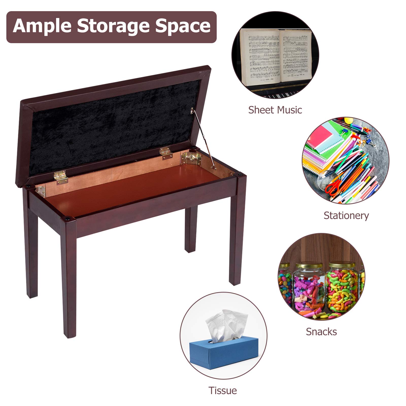 Snapklik.com : Brown Faux Leather Piano Bench, Solid Wood Construction ...