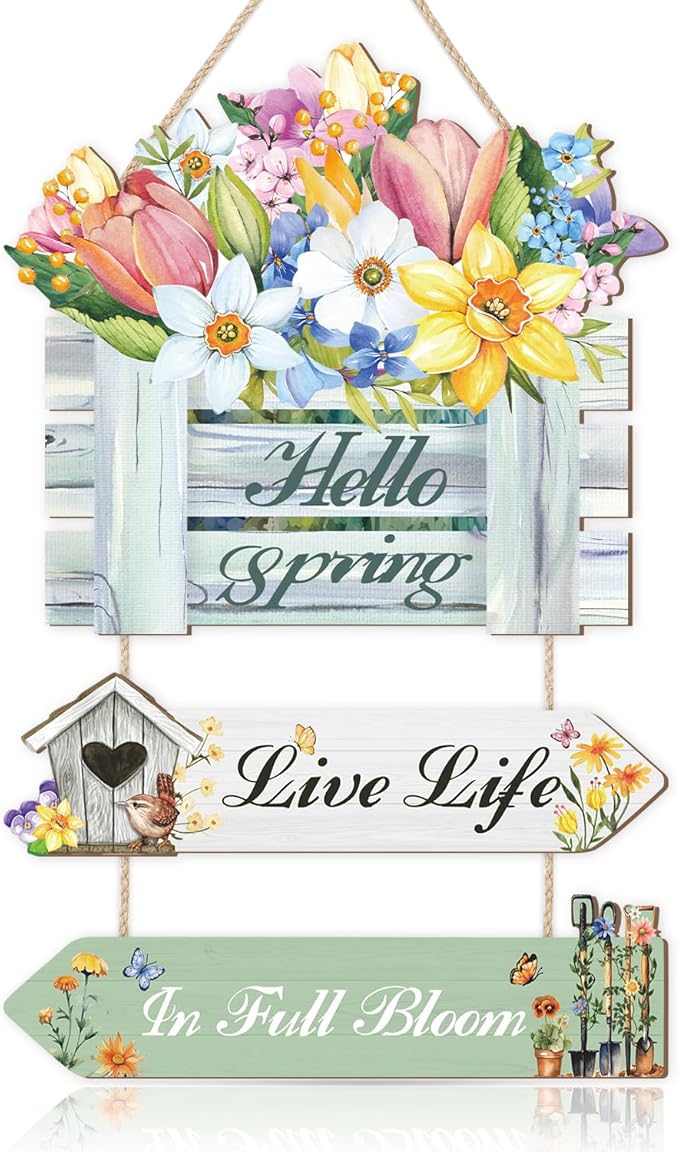 Amazon.com : HPNIUB Hello Spring Wooden Hanging Sign Decor, Colorful ...