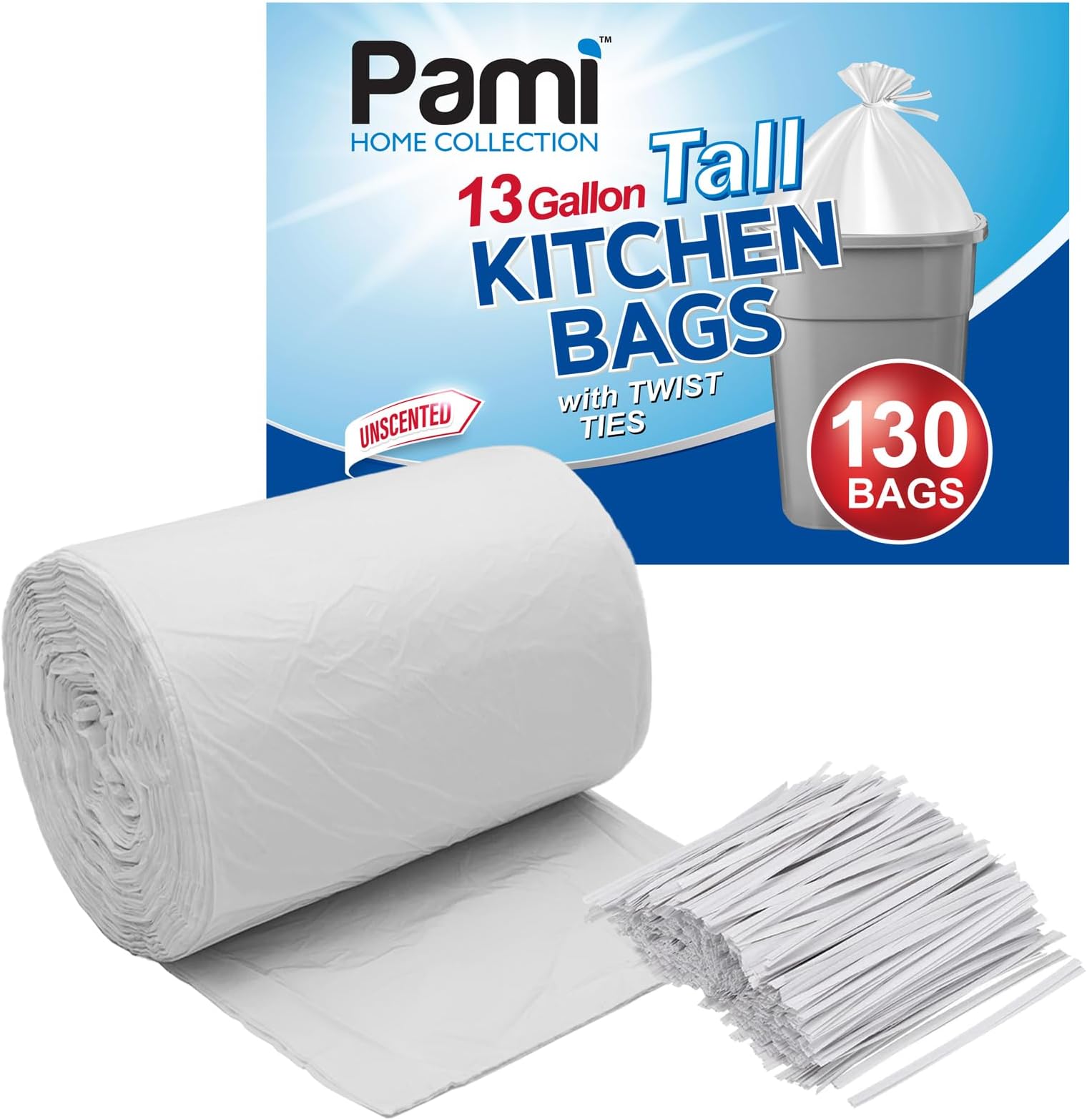 Amazon.com: PAMI 13-Gallon Tall Kitchen [130-Pack, White] Garbage Bags ...