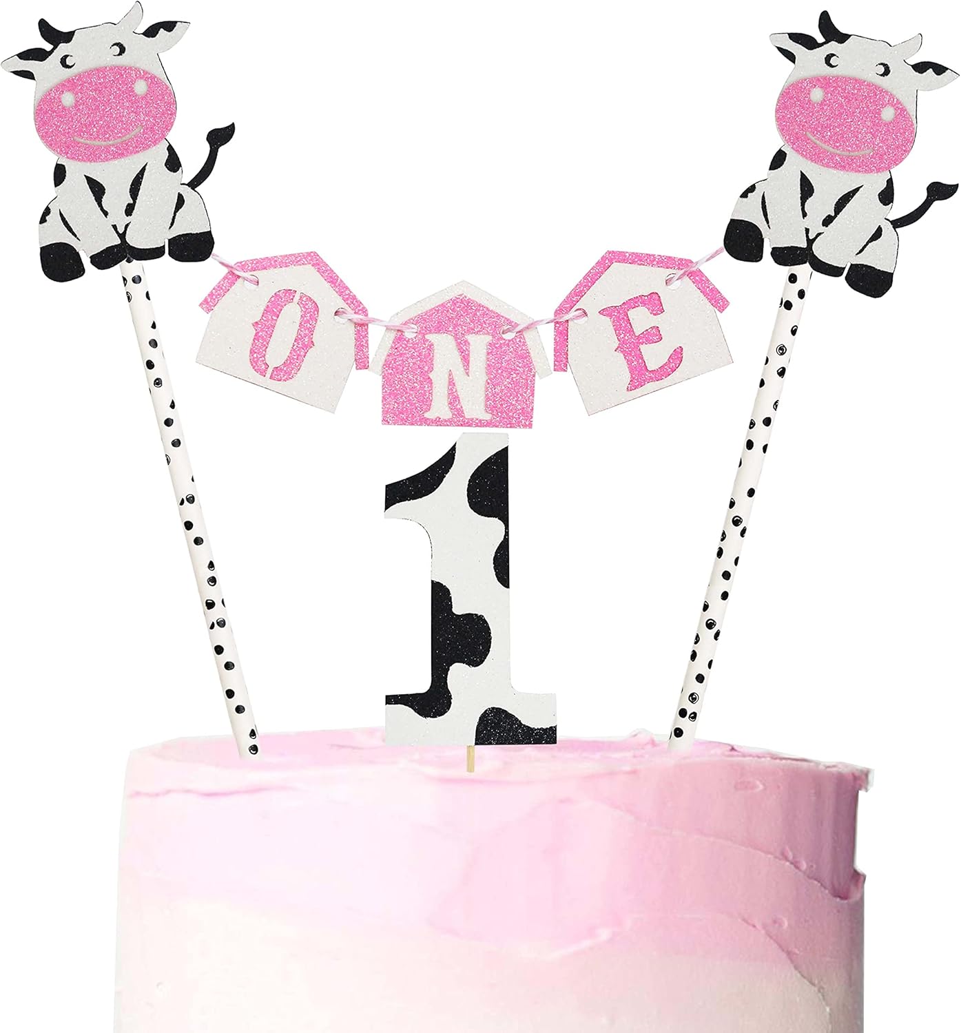 Amazon.com: Cow One First Birthday Cake Topper（Pink & Black Glitter）1st ...