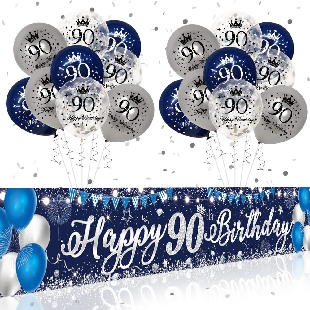Buy 90th Birthday Decoration Men Women, Navy Blue Silver Happy 90th ...