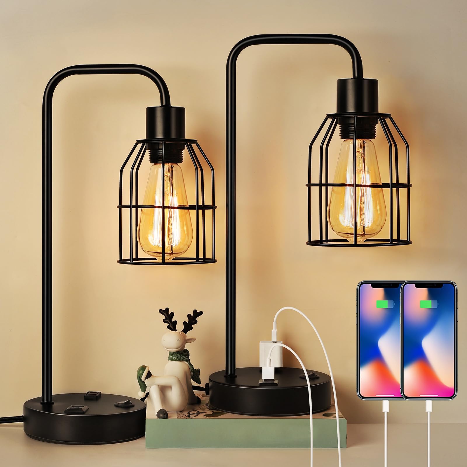 BTY Bedside Lamps Set of 2 Industrial Table Lamp with Dual USB Charging ...