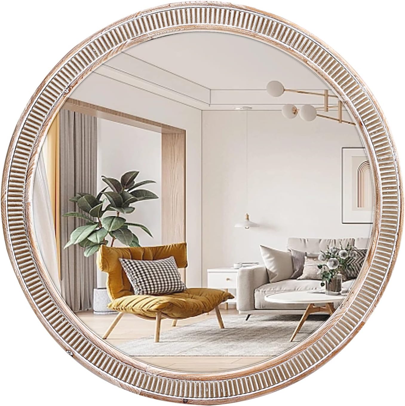 HOITUZYUS 30 inch Farmhouse Round Mirror Wooden Mirrors, Distressed ...
