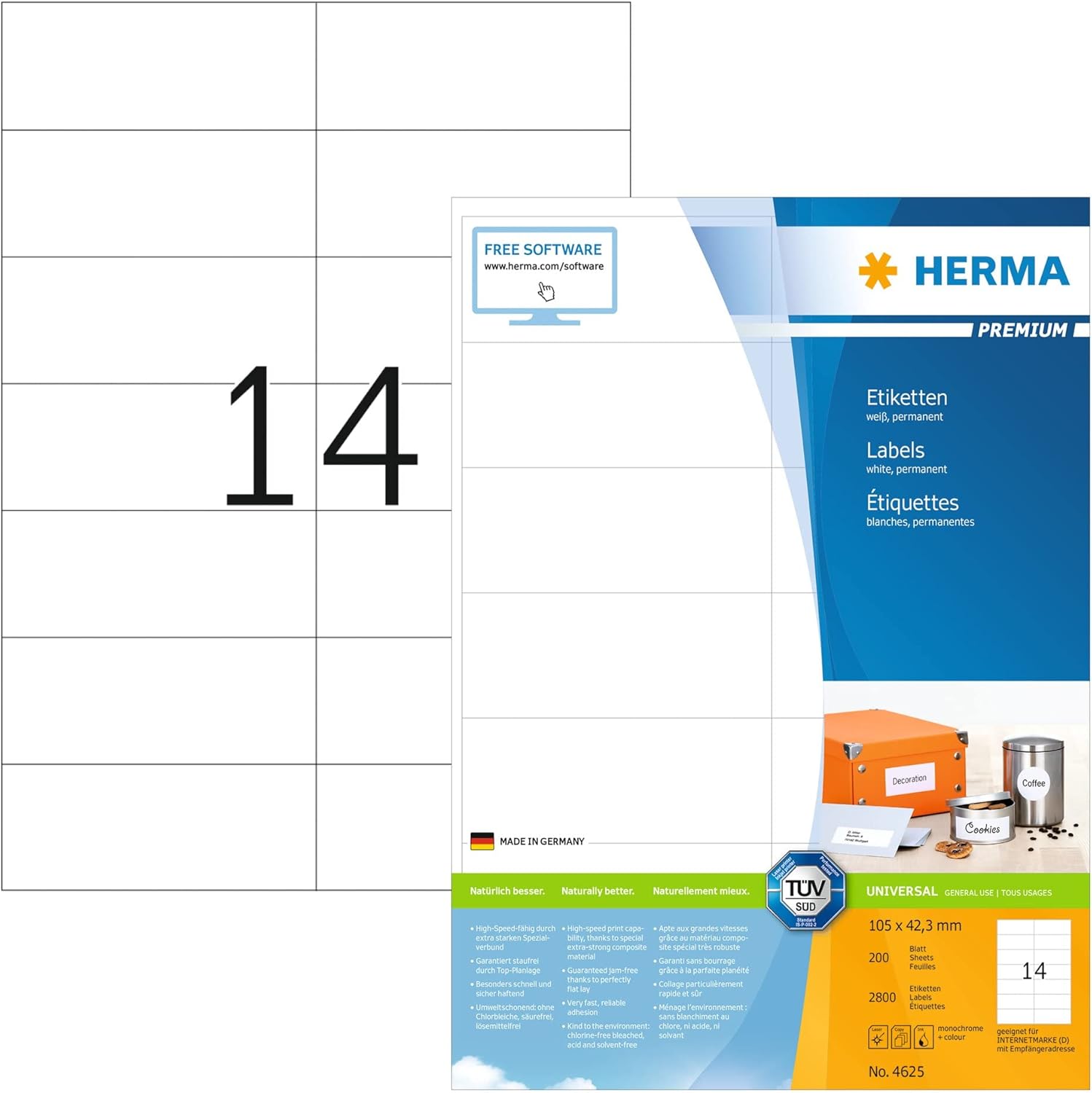 HERMA Self Adhesive Multipurpose Labels, 14 Labels per A4 Sheet, 200 ...