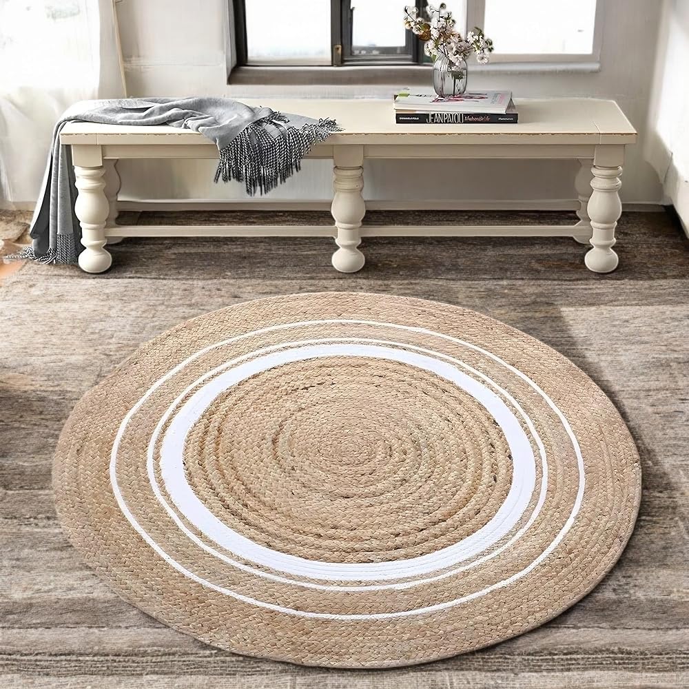 Buy KT RUGS Round Area Rug, 60 cm Diameter, Beige with White Concentric ...