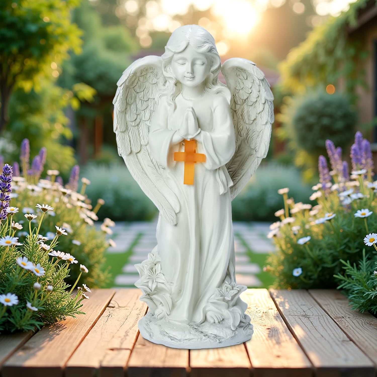 Amazon.com: twinbling Garden Angel Figurines with Solar Light Cross ...