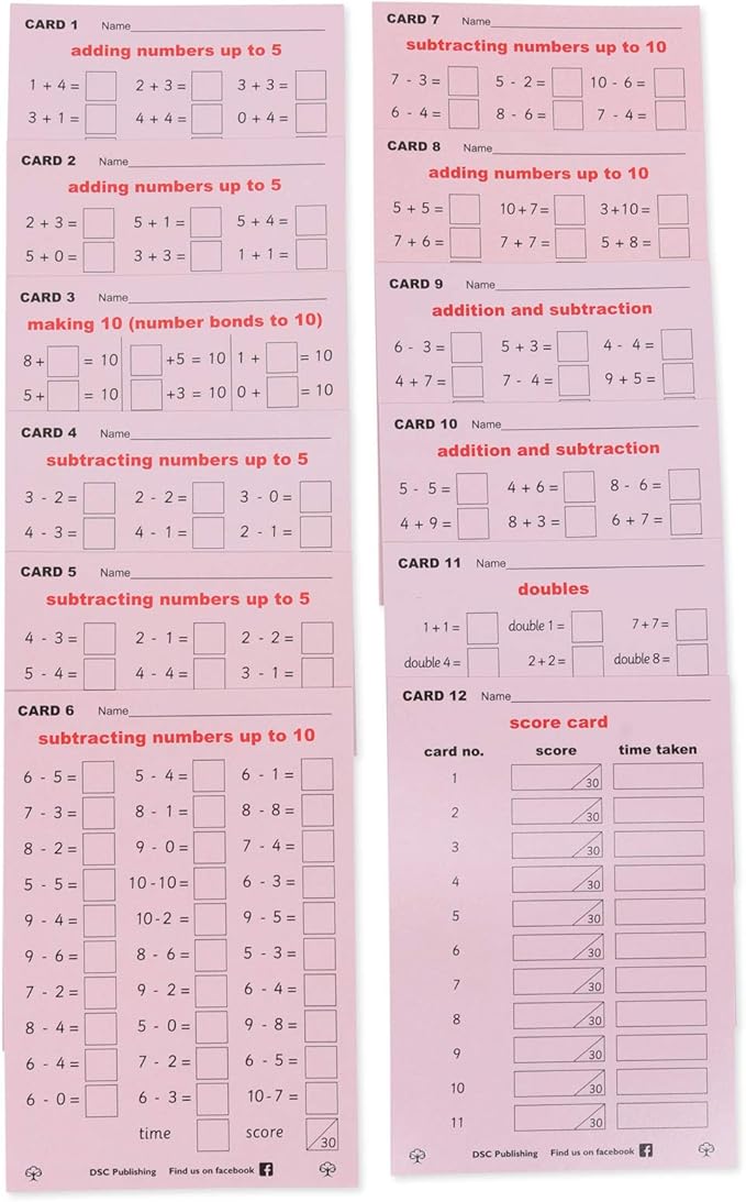 Mental maths dry wipe cards -330 Questions 12 cards Arithmetic Addition ...