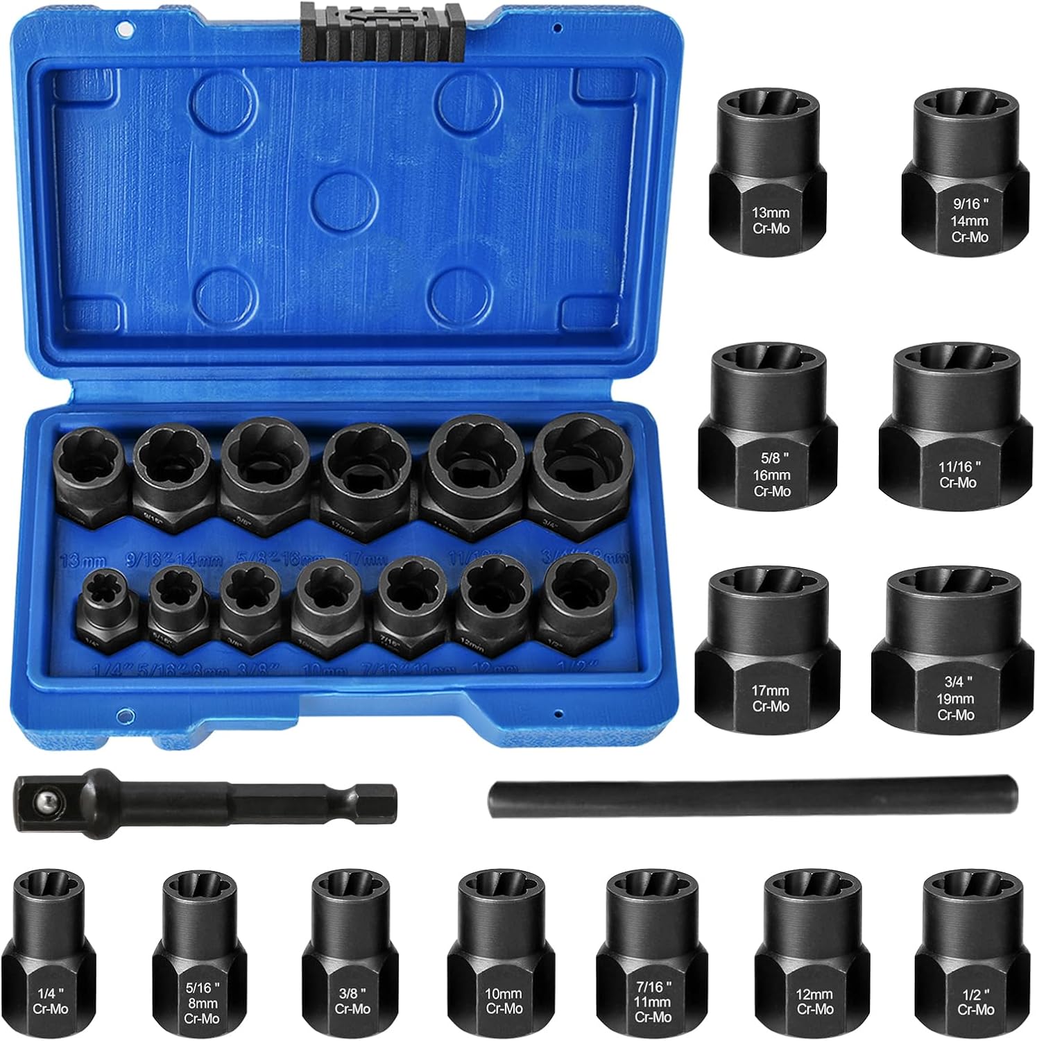 Bolt Extractor Set Hakkin 15Pcs Lug Nut Remover 3/8” Drive Impact Bolt ...