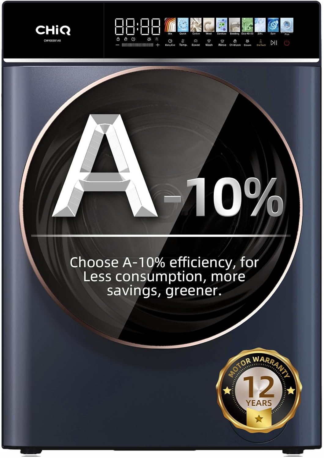 CHiQ CW106581AXU Washing Machine, 10kg, 1400rpm, BLDC Inverter Motor ...