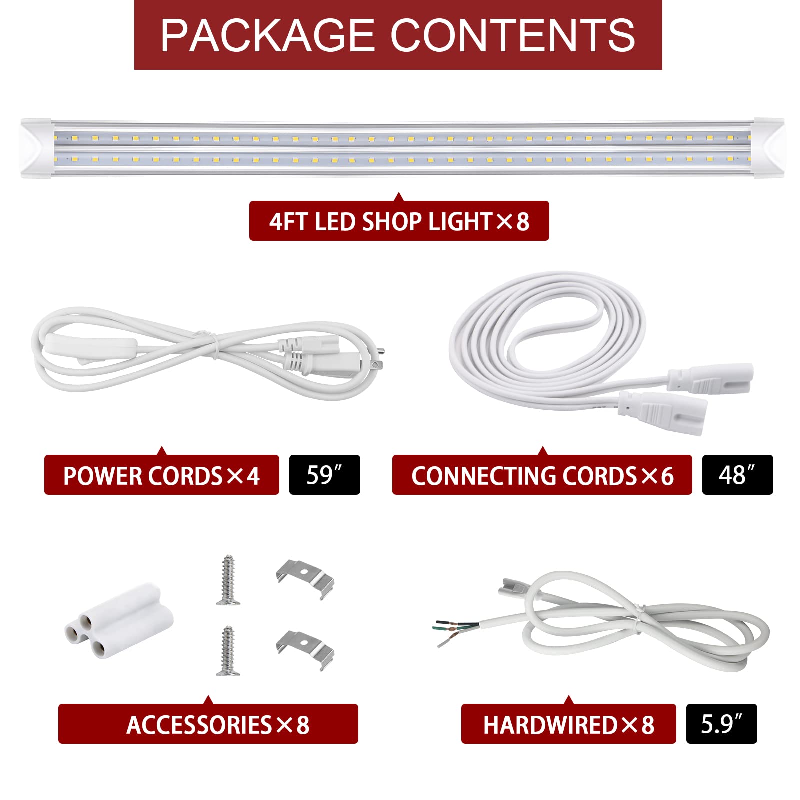 Kihung (8 Pack) LED Shop Light 4ft, 40W 5200LM 6000K (Super Bright ...