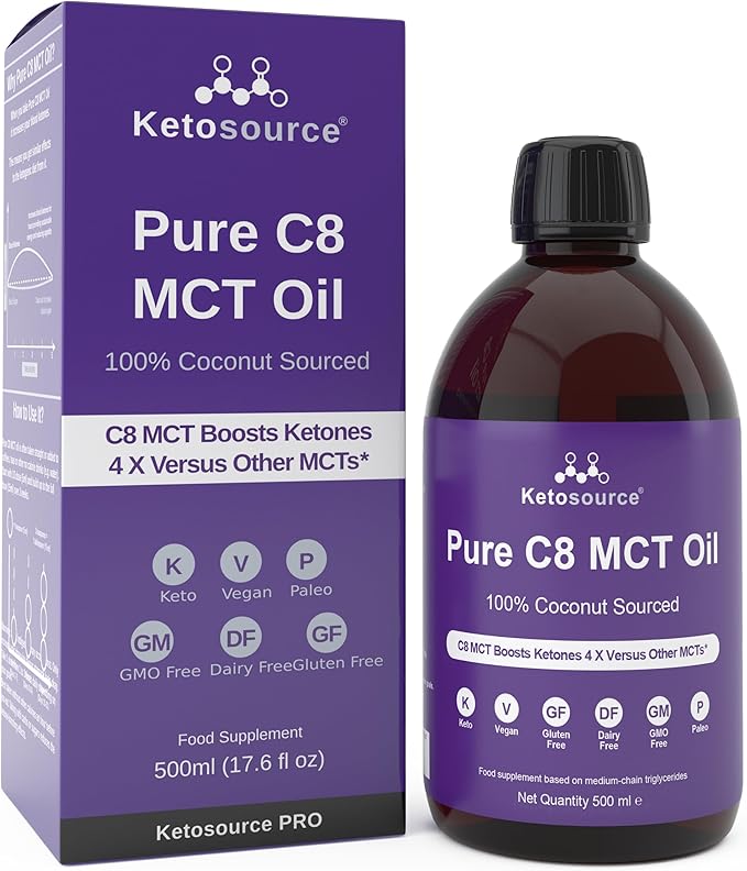 Ketosource Pure C8 MCT-olie | Verhoogt ketonen 4x vergeleken met andere MCT's | Hoogste 99% ...