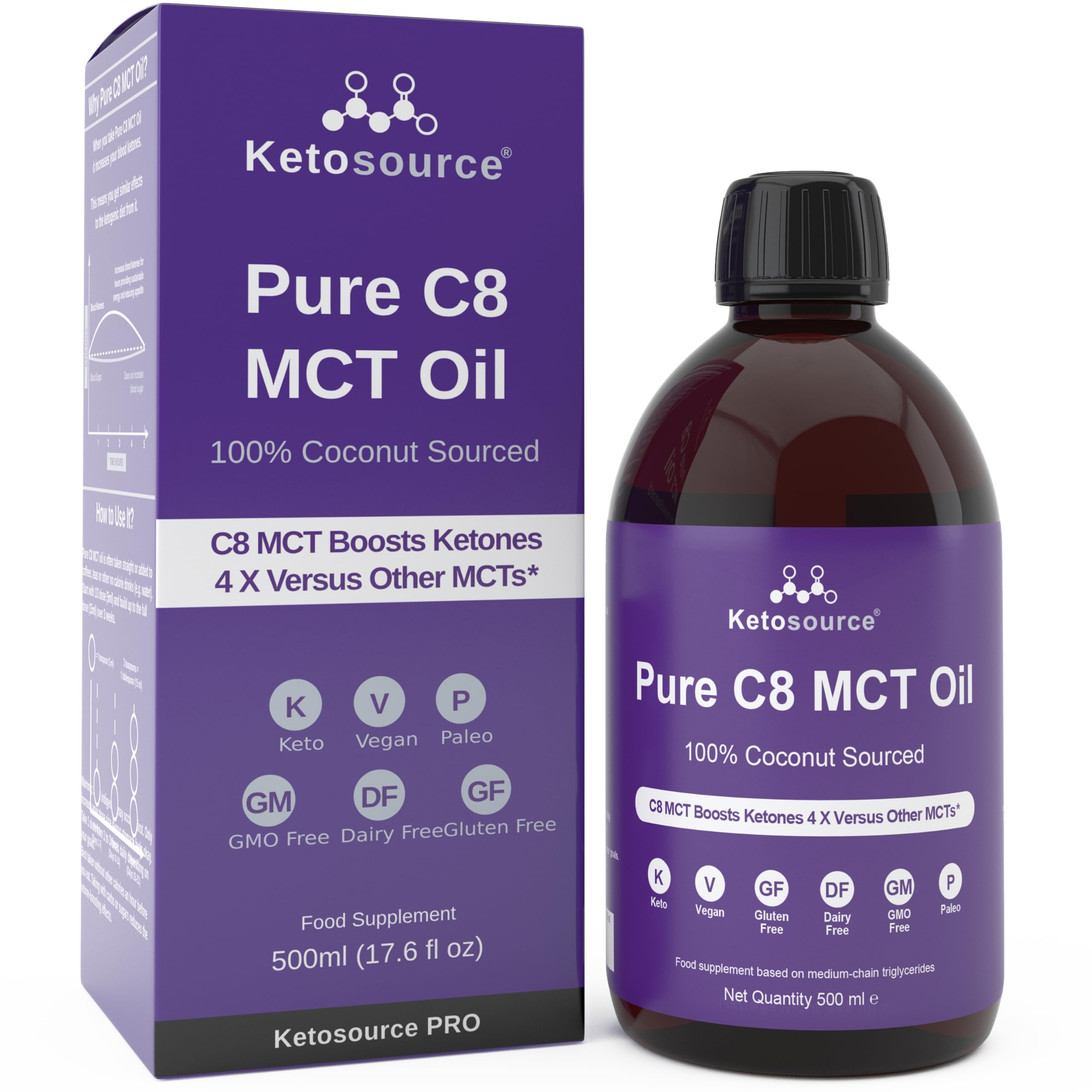 Ketosource Pure C8 MCT-olie | Verhoogt ketonen 4x vergeleken met andere MCT's | Hoogste 99% ...