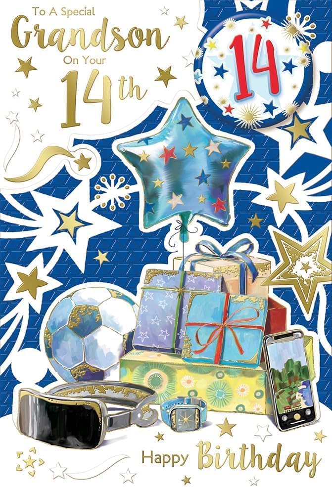 Grandson 14th Birthday Card & Badge - Age 14 Presents Star Balloon ...