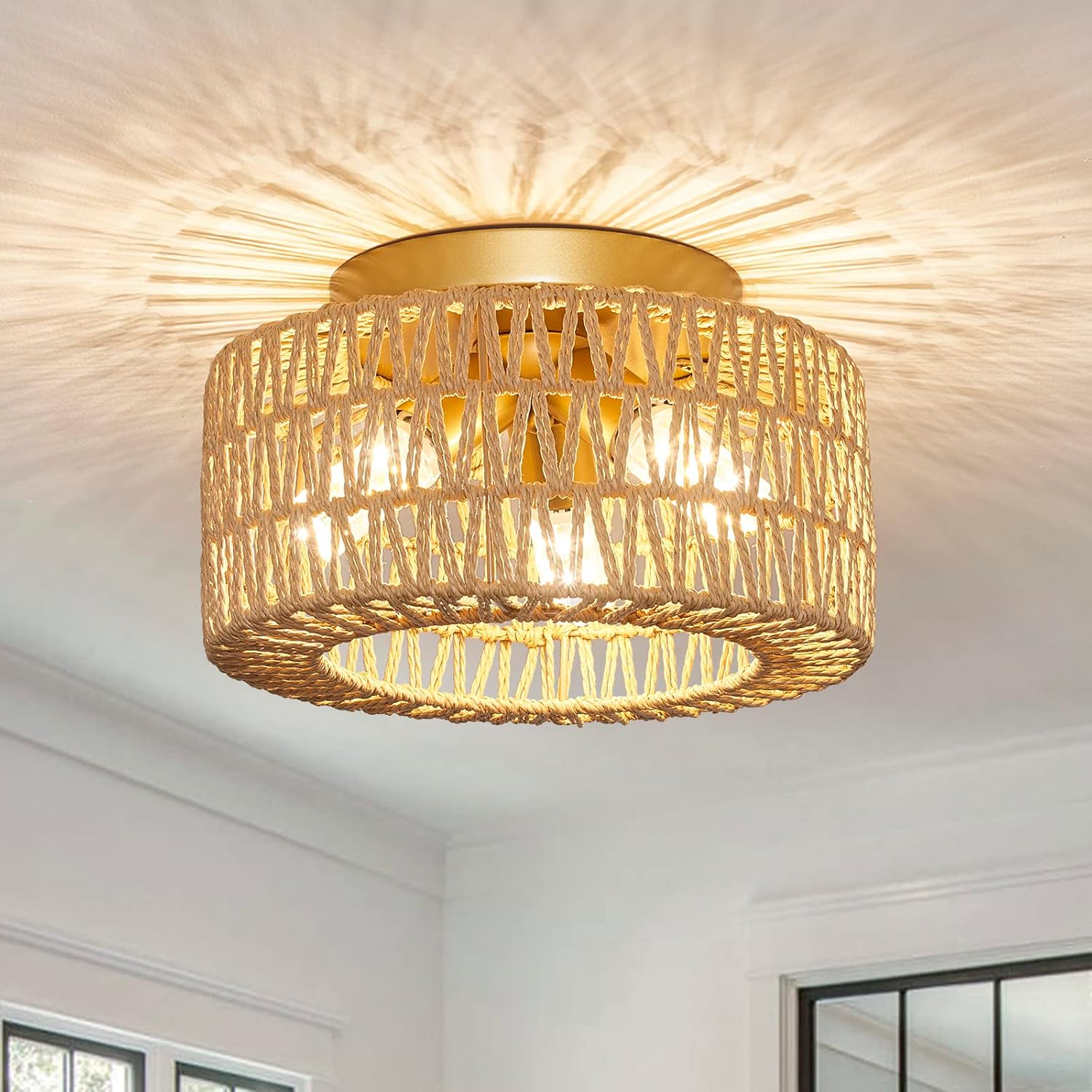 Rattan Light Fixtures Ceiling Mount, 3-Lights Boho Flush Mount Ceiling ...