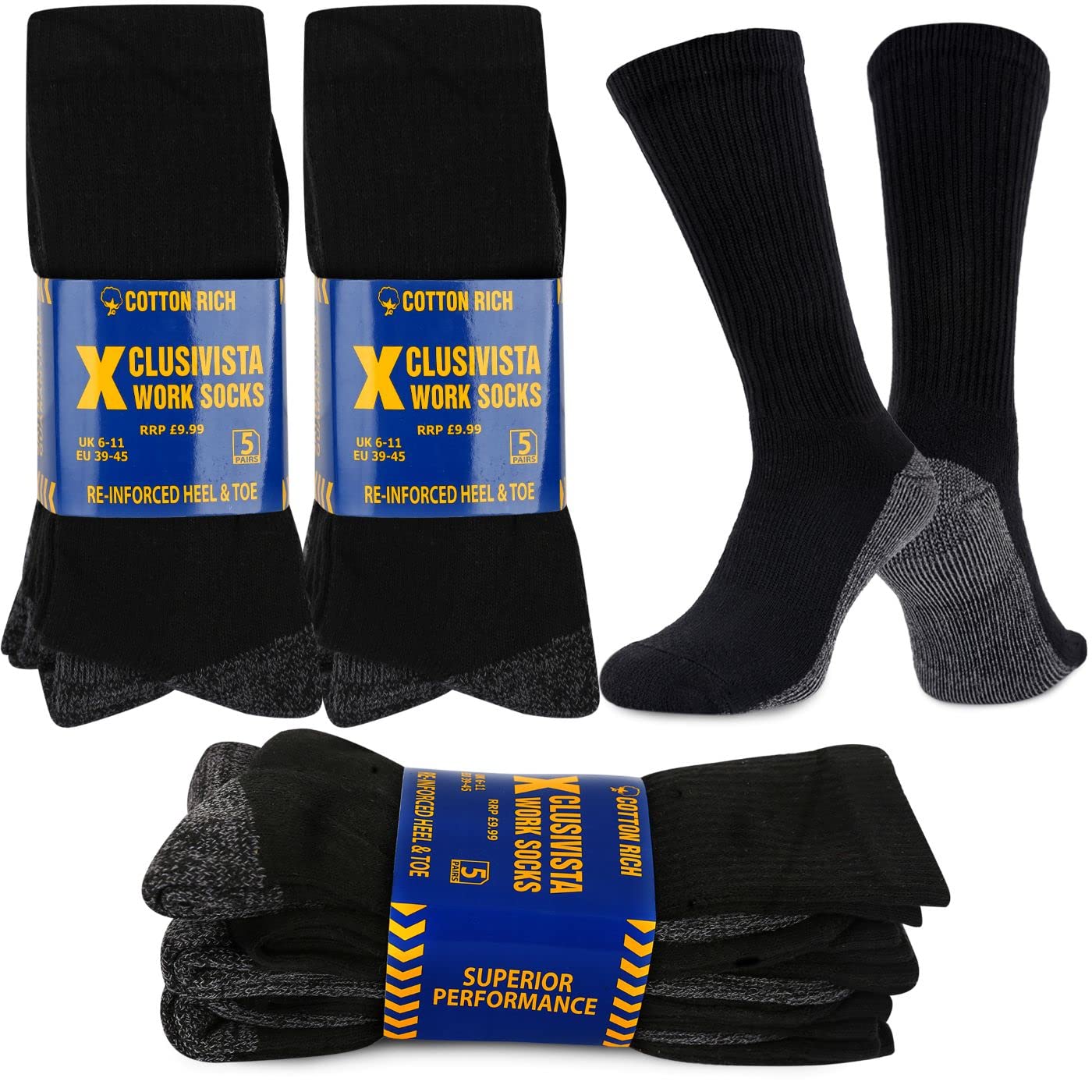 Xclusivista 10 Pairs Mens BLACK Work Socks Reinforced Heavy Duty Work ...