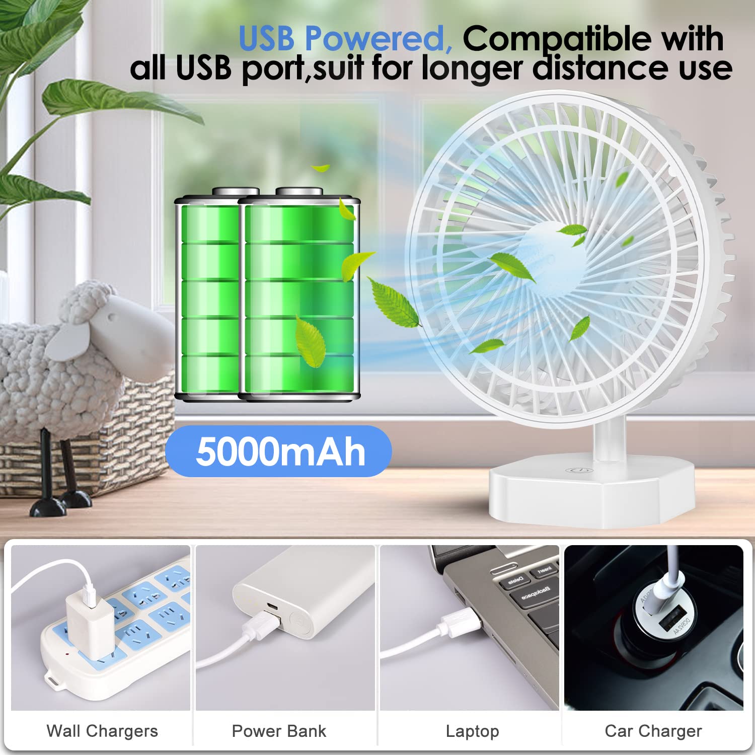 Nekuya USB Small Black Desk Fan 6.5 Inch, 5000mAh Rechargeable Mini ...