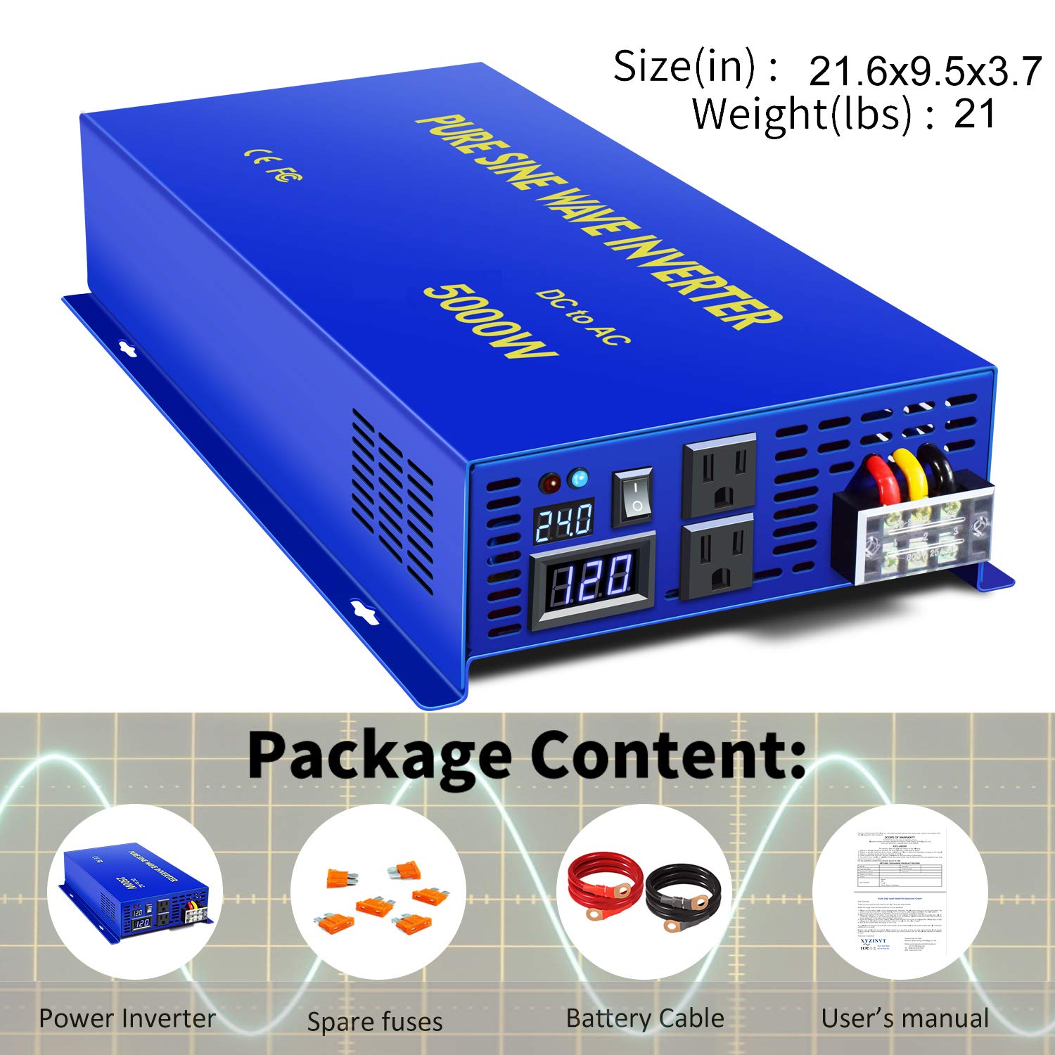 5000 Watt Pure Sine Wave Inverter 24V DC to AC 110V 120V, 5000W Power ...