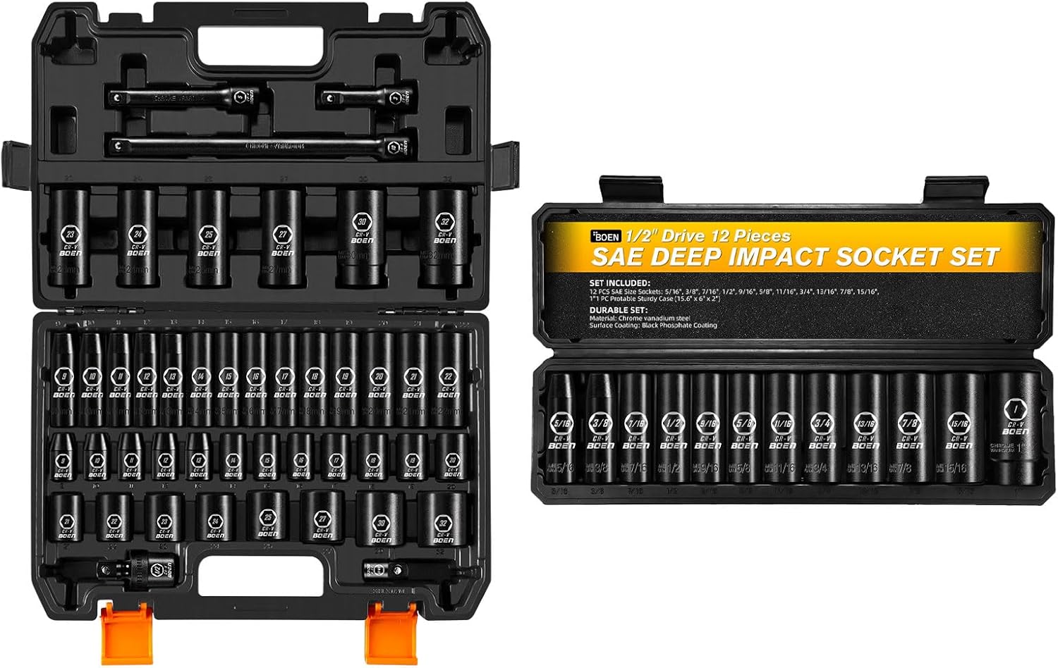 BOEN 57 Piece SAE and Metric 1/2 Inch Impact Socket Set, Black ...