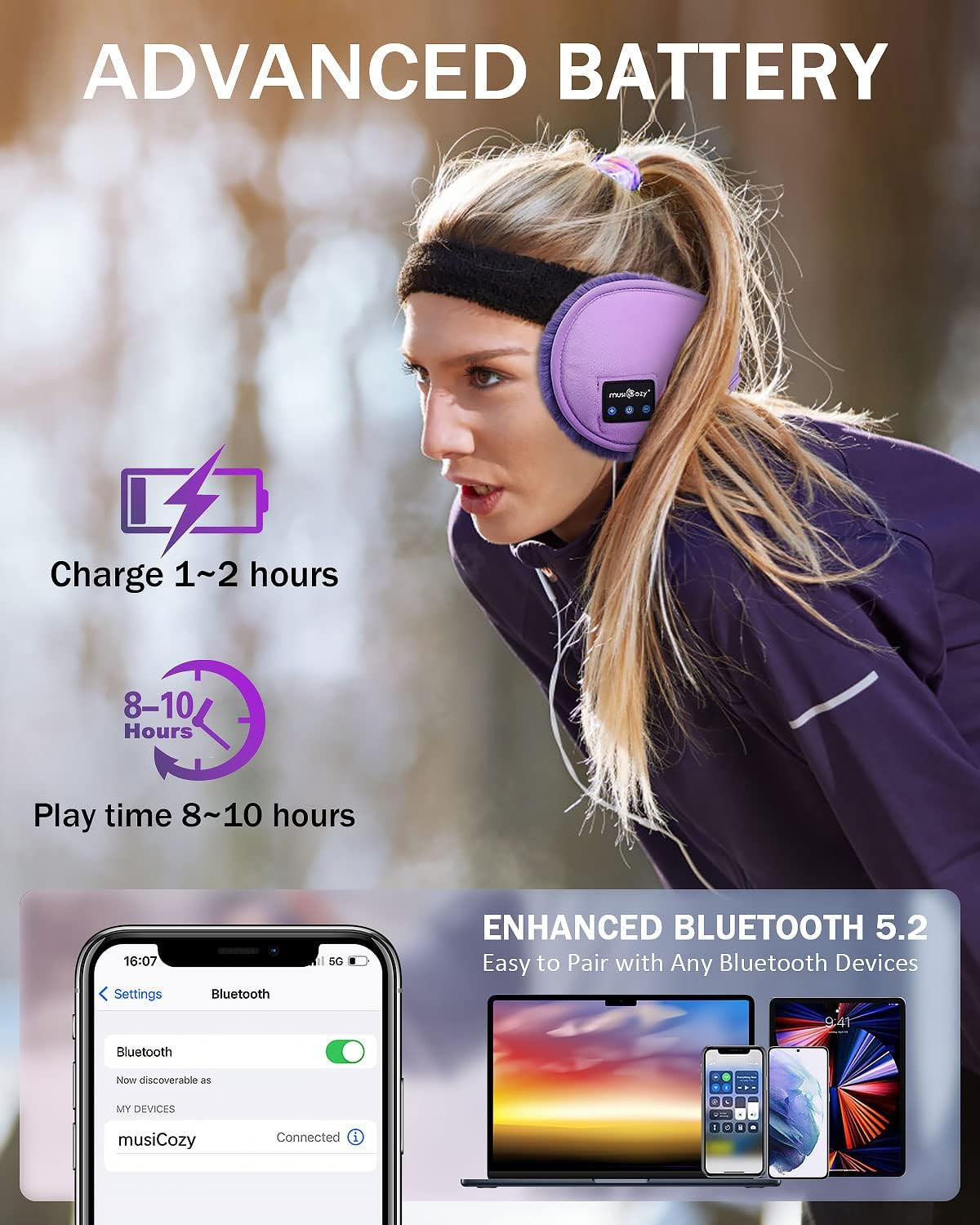 MUSICOZY Orejeras Bluetooth para invierno, mujeres, hombres, niños ...
