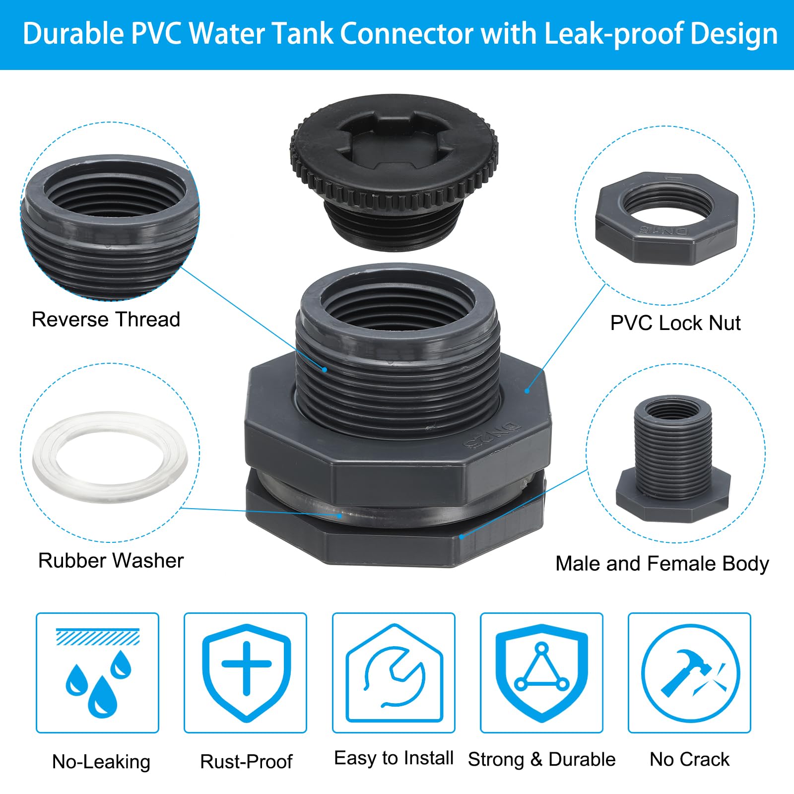PATIKIL PVC Bulkhead Fitting with Plug G 1, 3 Pcs Double Threaded ...