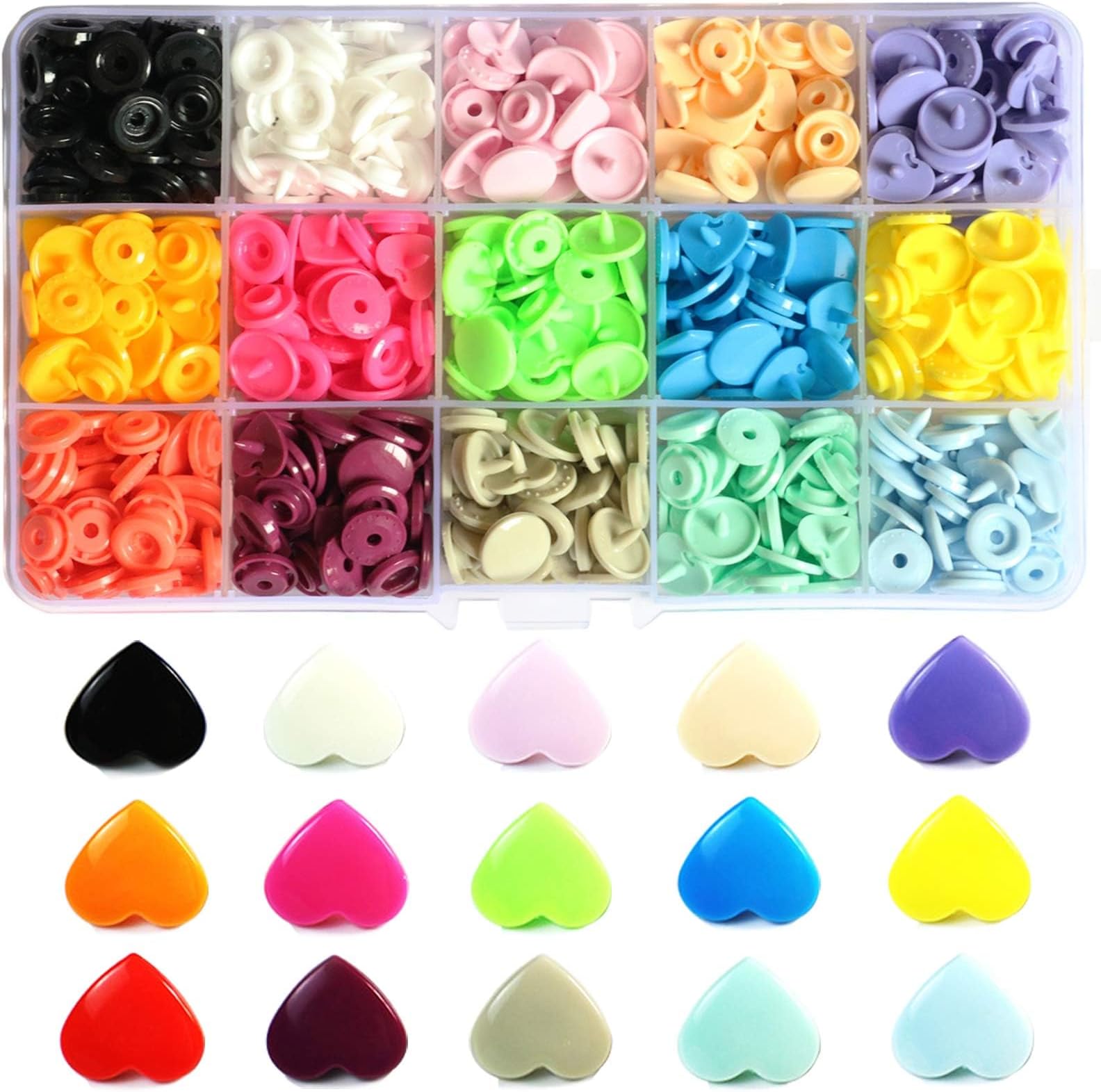 150 Sets KAM Snaps Heart Shaped with Storage Box, Basicon Size 20 ...