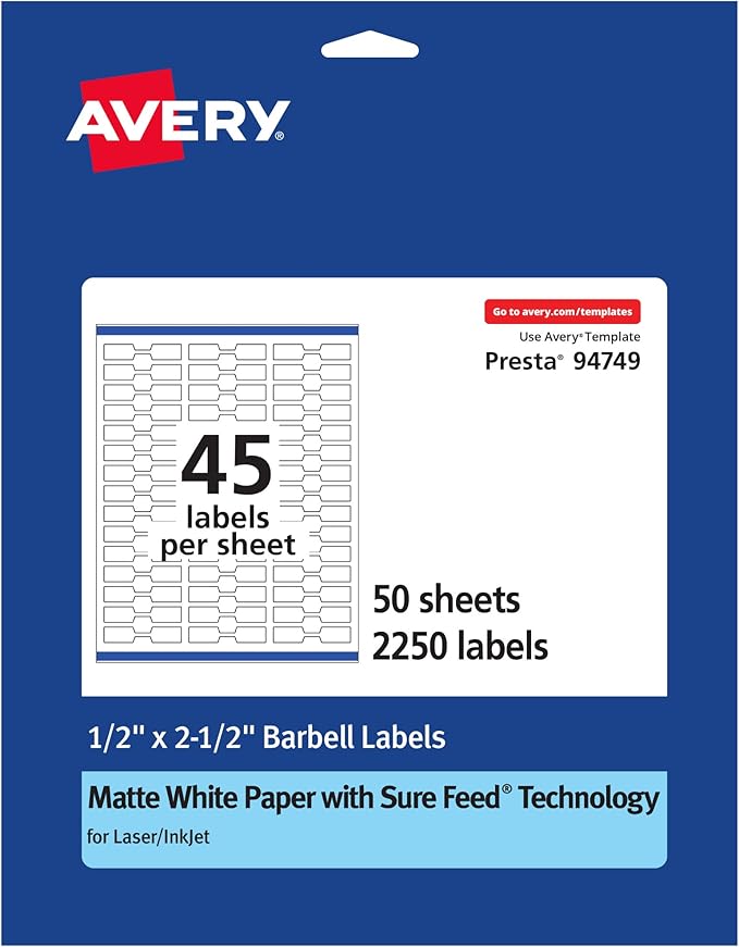 Amazon.com: Avery Matte White Barbell Labels with Sure Feed.5" x 2.5 ...