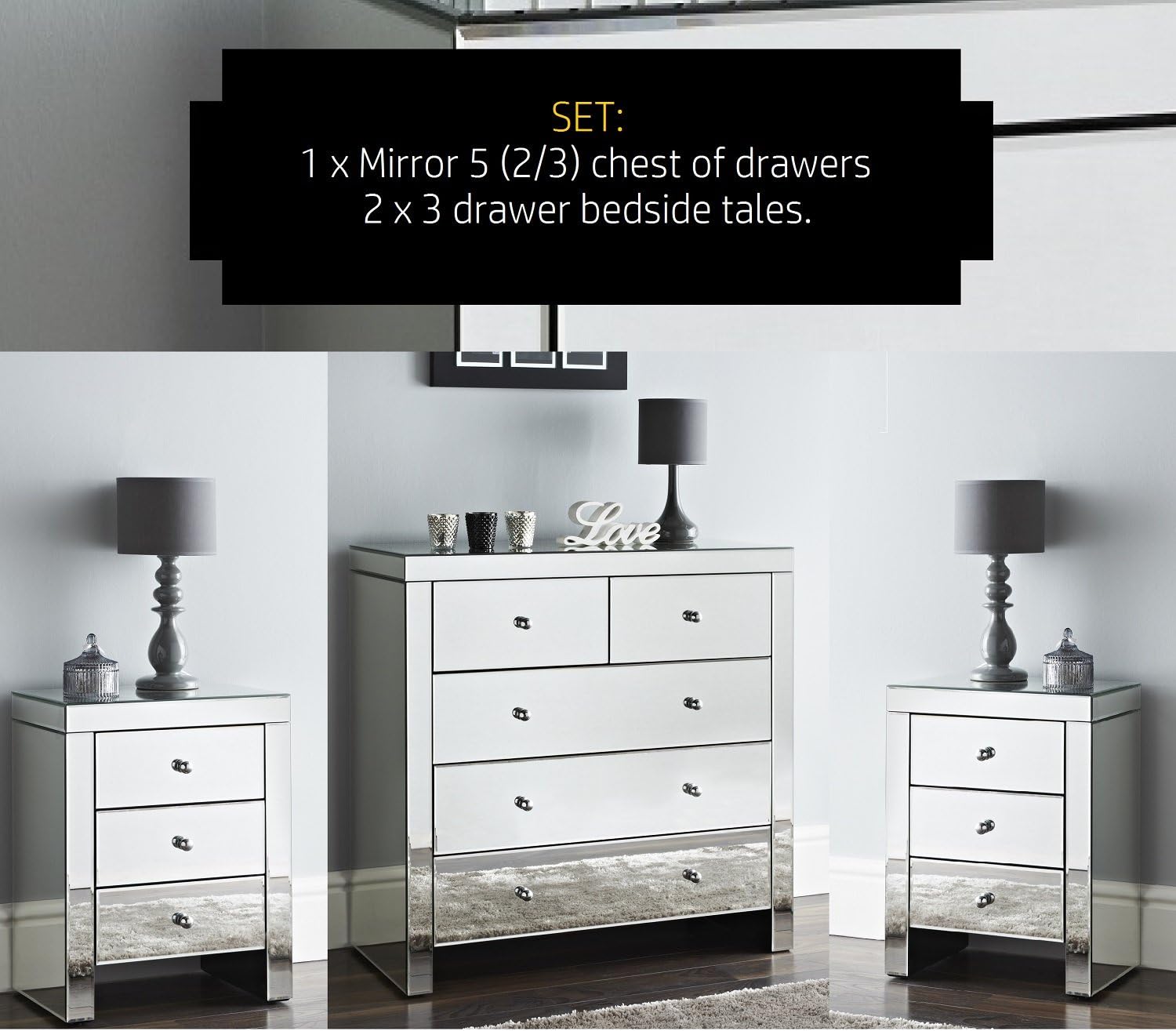 niches.co.uk Large 5 Drawer 2+3 mirrored Chest of Drawers + 2 x bedside ...