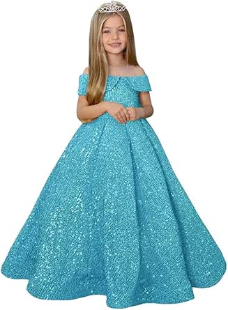 Amazon.com: Hjindpr Off Shoulder Sequin Pageant Dress for Girls Sparkly ...
